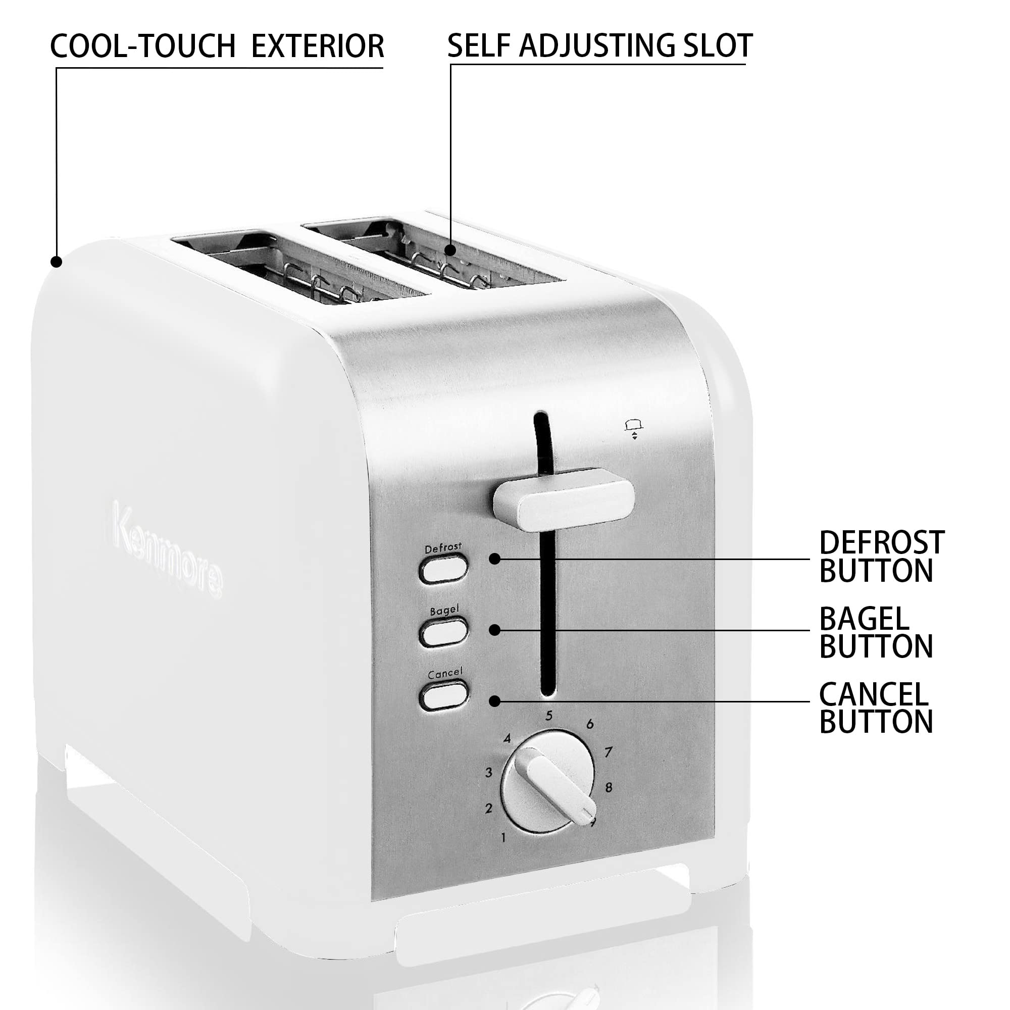 Kenmore 2-Slice Toaster, White Stainless Steel, Extra Wide Slots, Bagel ...