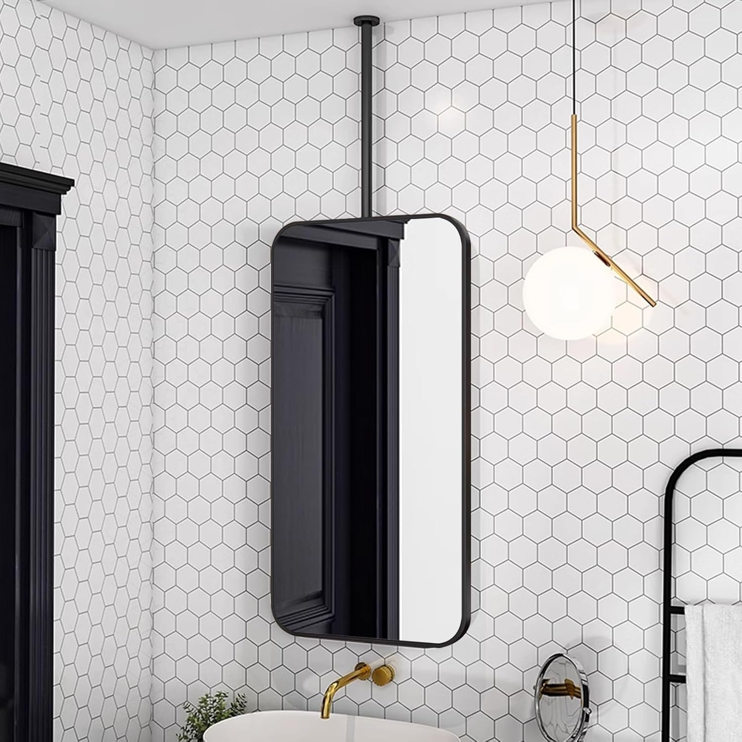 Amazon.com: Ceiling Mounted Hanging Rod Mirror, Wall Bathroom Vanity ...