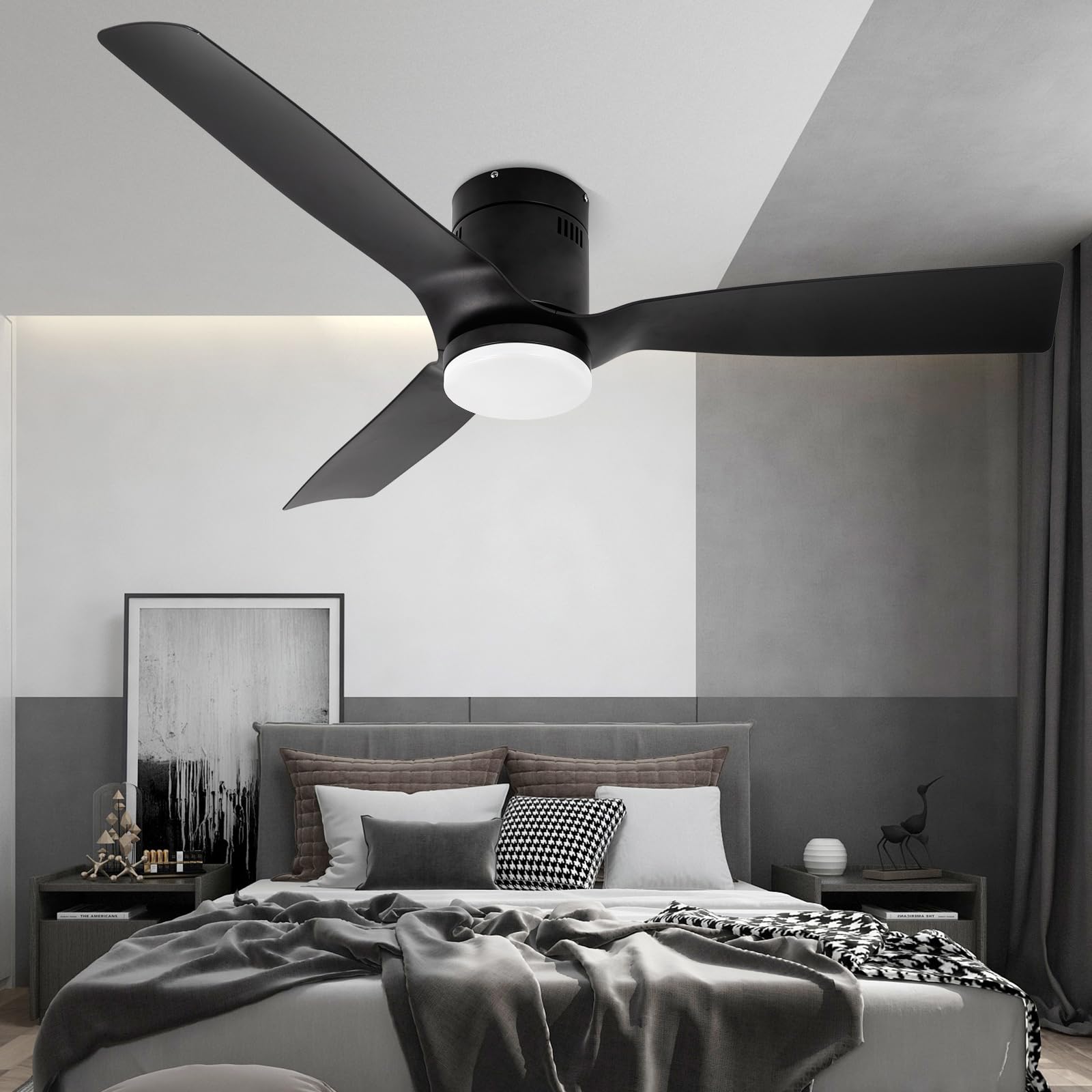 Black Flush Mount Ceiling Fan 52 inch,with Remote,22W Dimmable LED ...