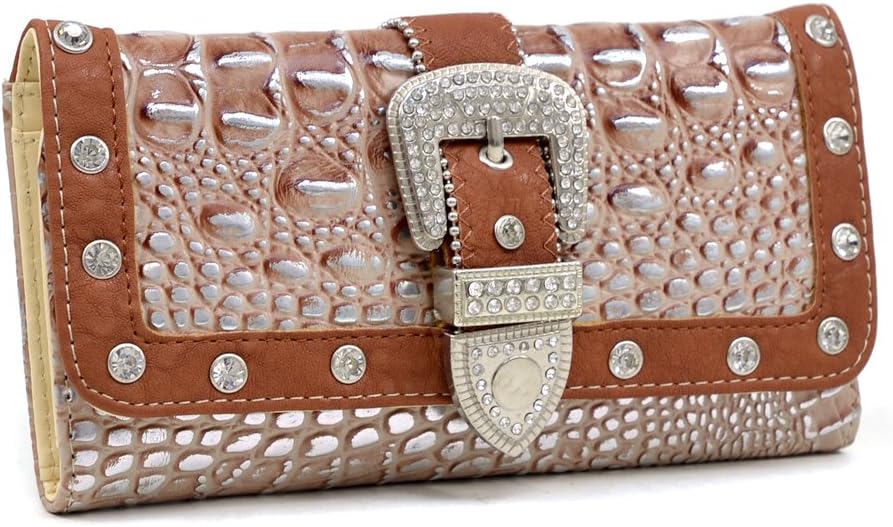 Amazon.com: Metallic Croco Tri-fold Checkbook Wallet with Buckle Accent ...