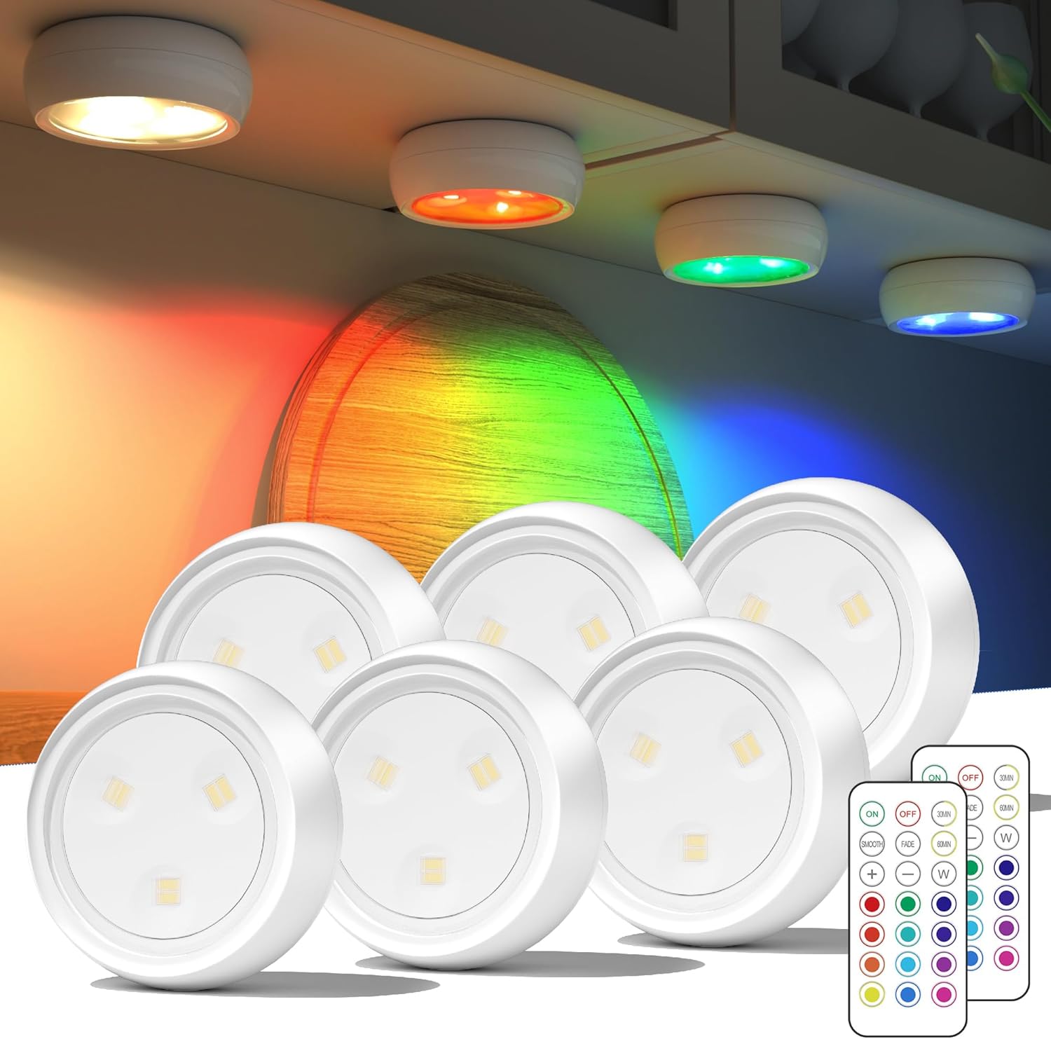 PURSNIC RGB LED Puck Lights, with Remote Control and Timer, Battery ...