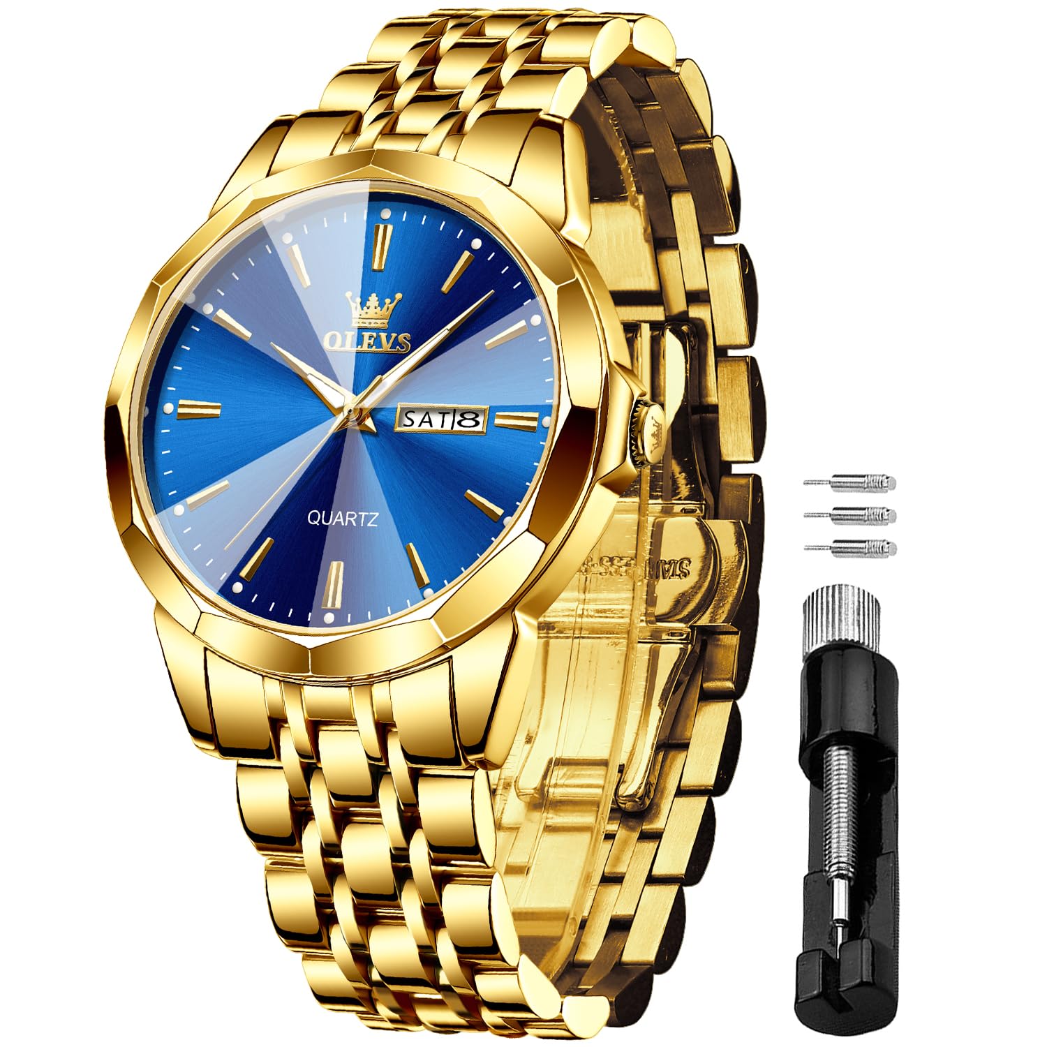 Amazon.com: OLEVS Gold Blue Watches for Men Waterproof Diamond Business ...