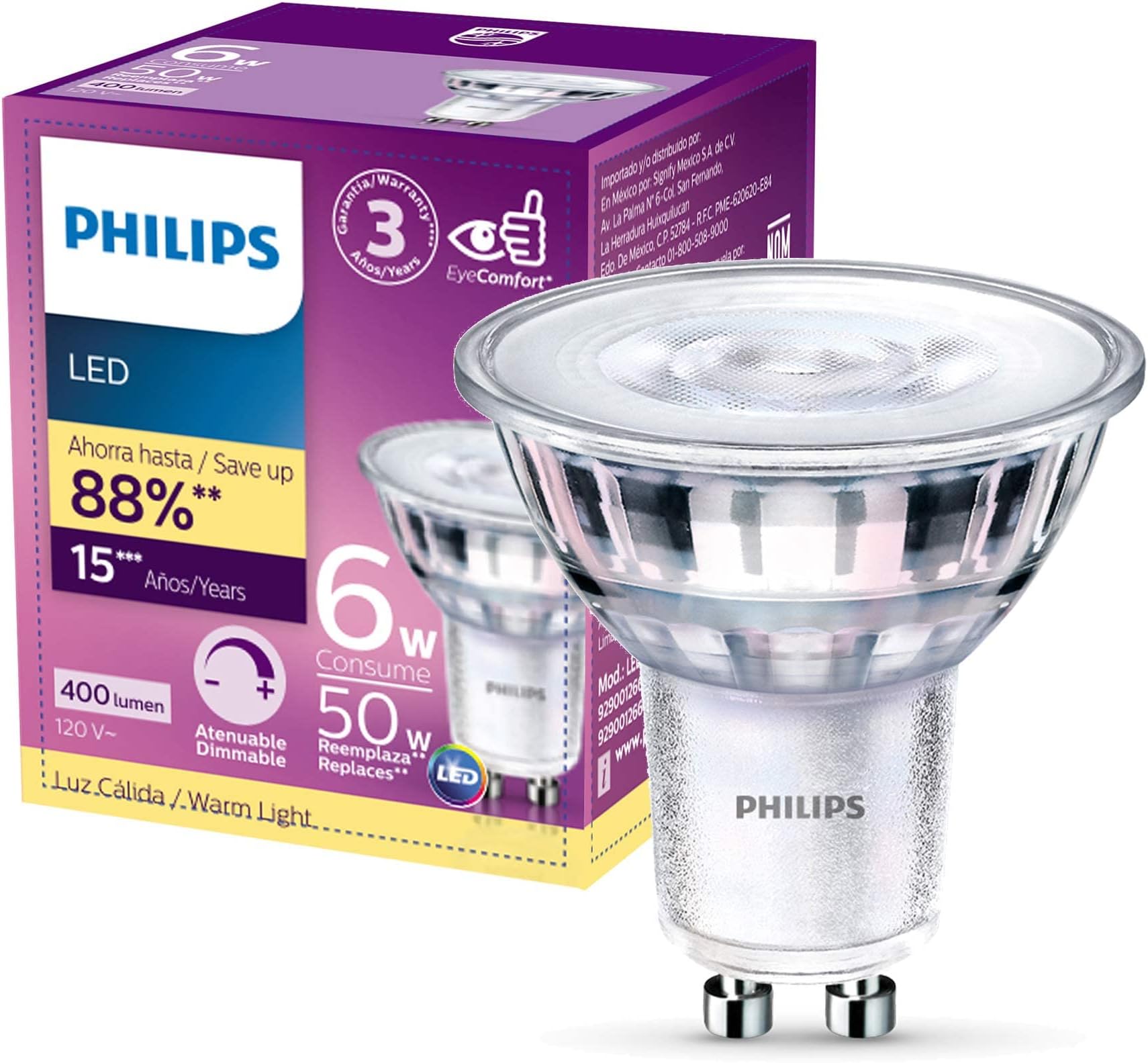 Philips LED Spot Foco MR16 atenuable - 6 watts, luz cálida y base GU10 ...