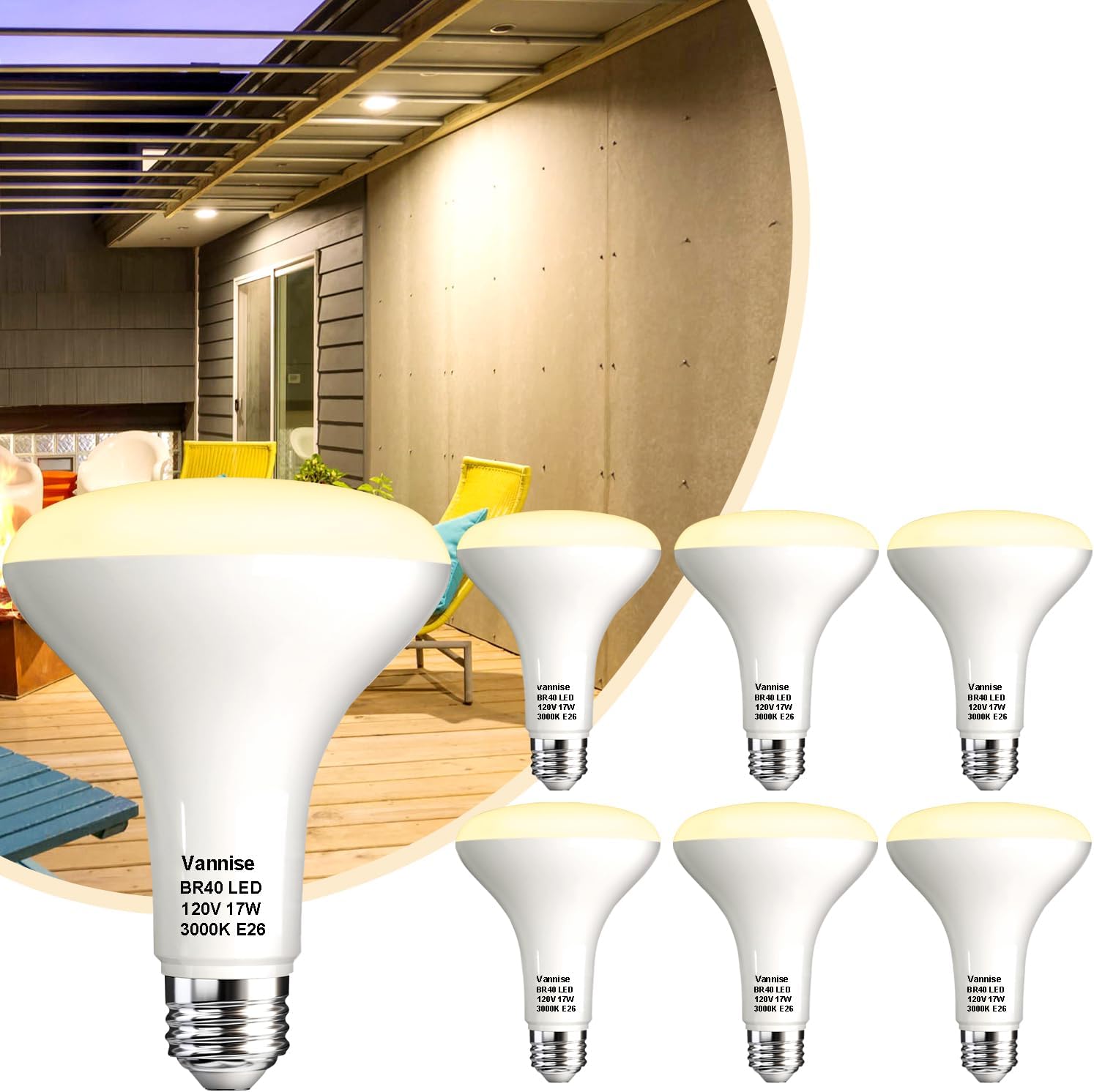 Vannise BR40 LED Light Bulbs 3000K Dimmable Warm White Long Lasting, 6 ...
