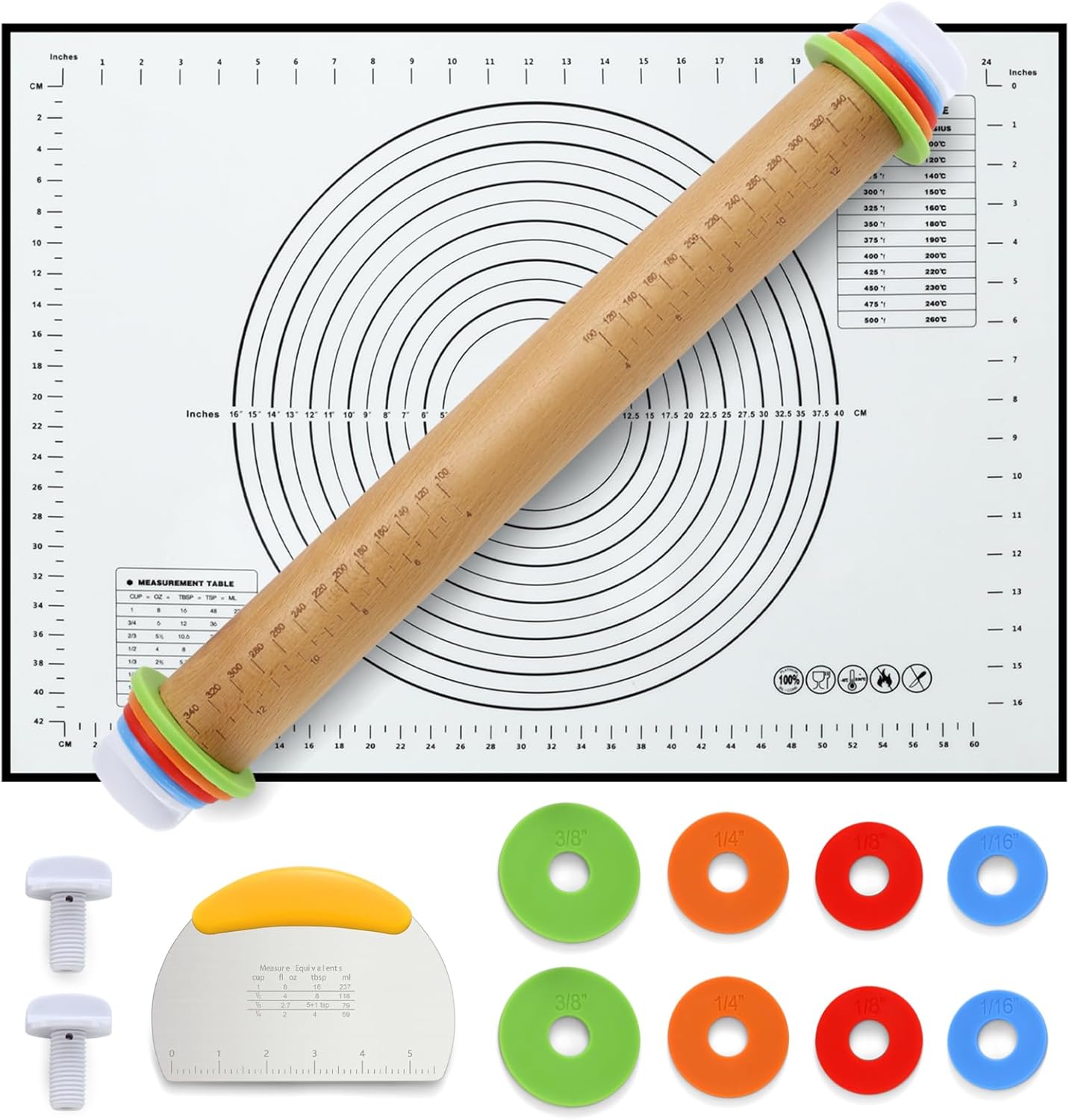 BEWOS Wooden Rolling Pin for Baking, Dough Roller with Silicone Baking ...