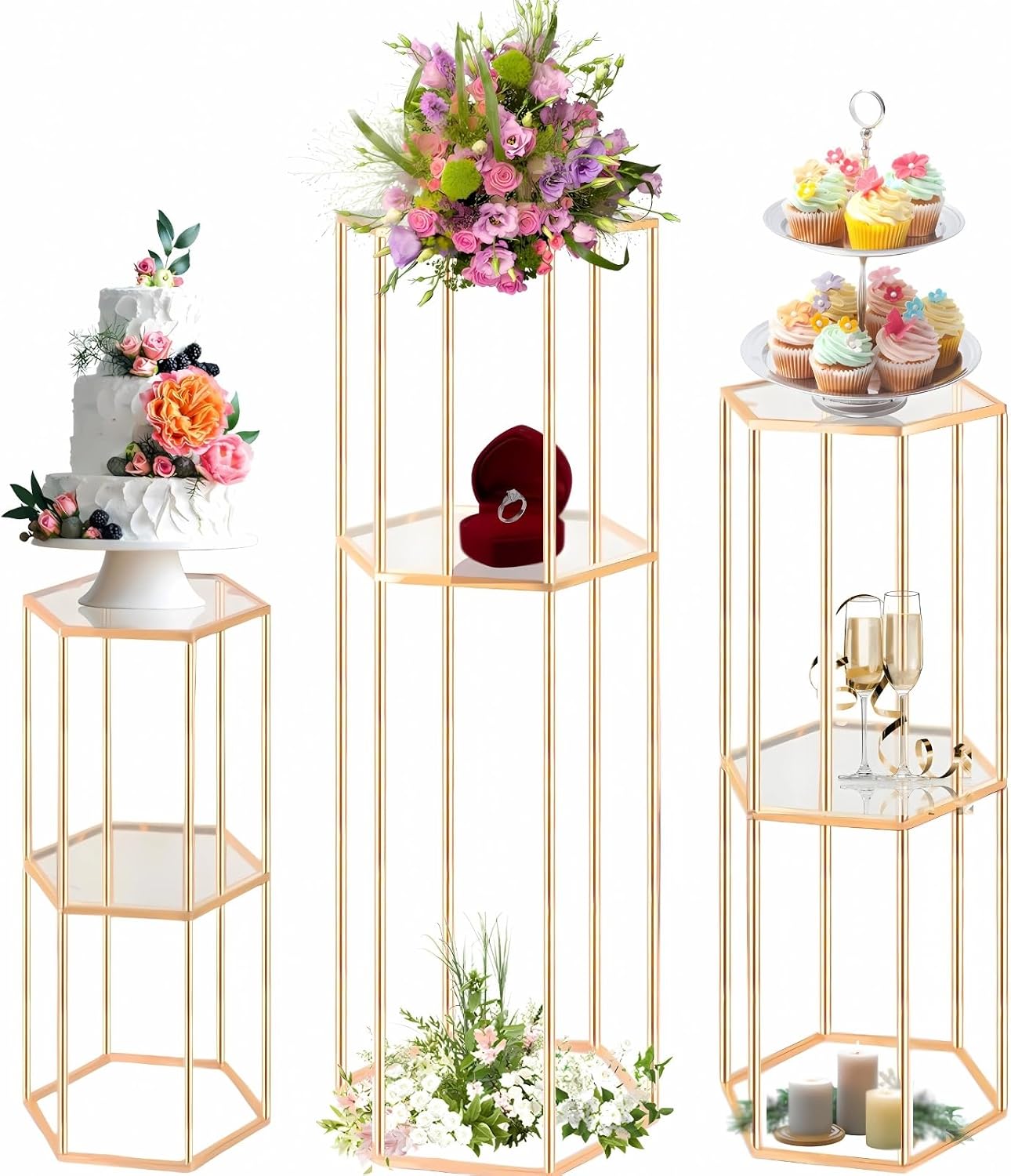 Amazon.com: Merrifete 3PCS 2 Tier Hexagon Gold Cake Stand for Party ...
