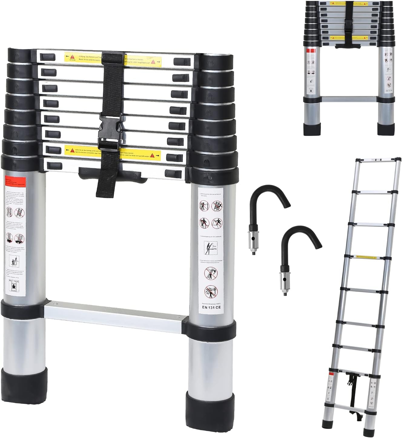 4,4M Teleskopleiter mit Haken Edelstahl Leiter Klappleiter ...