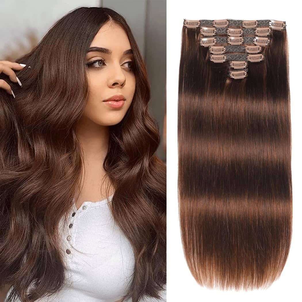 Amazon.com : Clip ins Real Human Hair Extensions, Chocolate Brown to ...