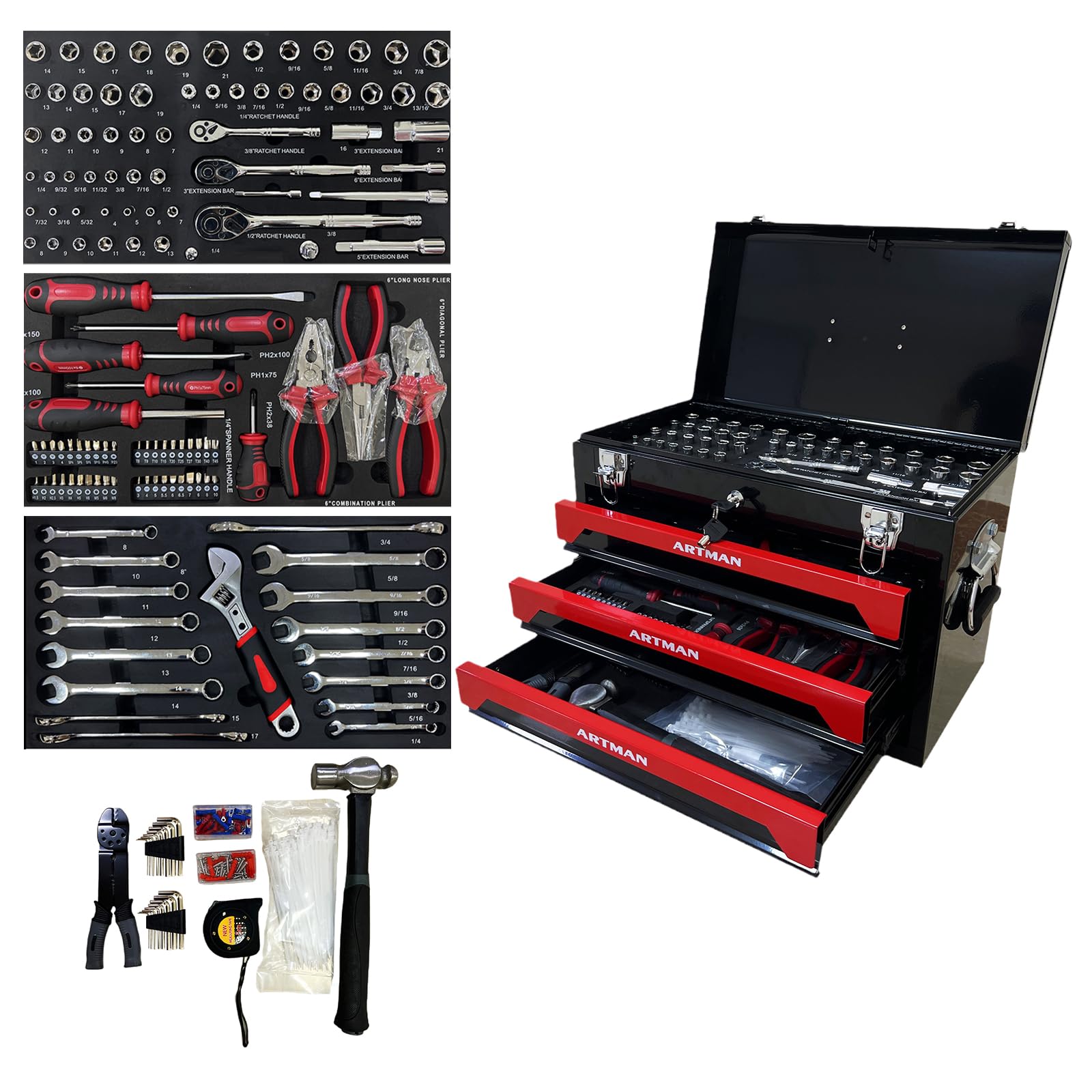 Buy GOAWGO 3 Drawers Tool Box With 439-Piece Tool Set, Mechanics ...