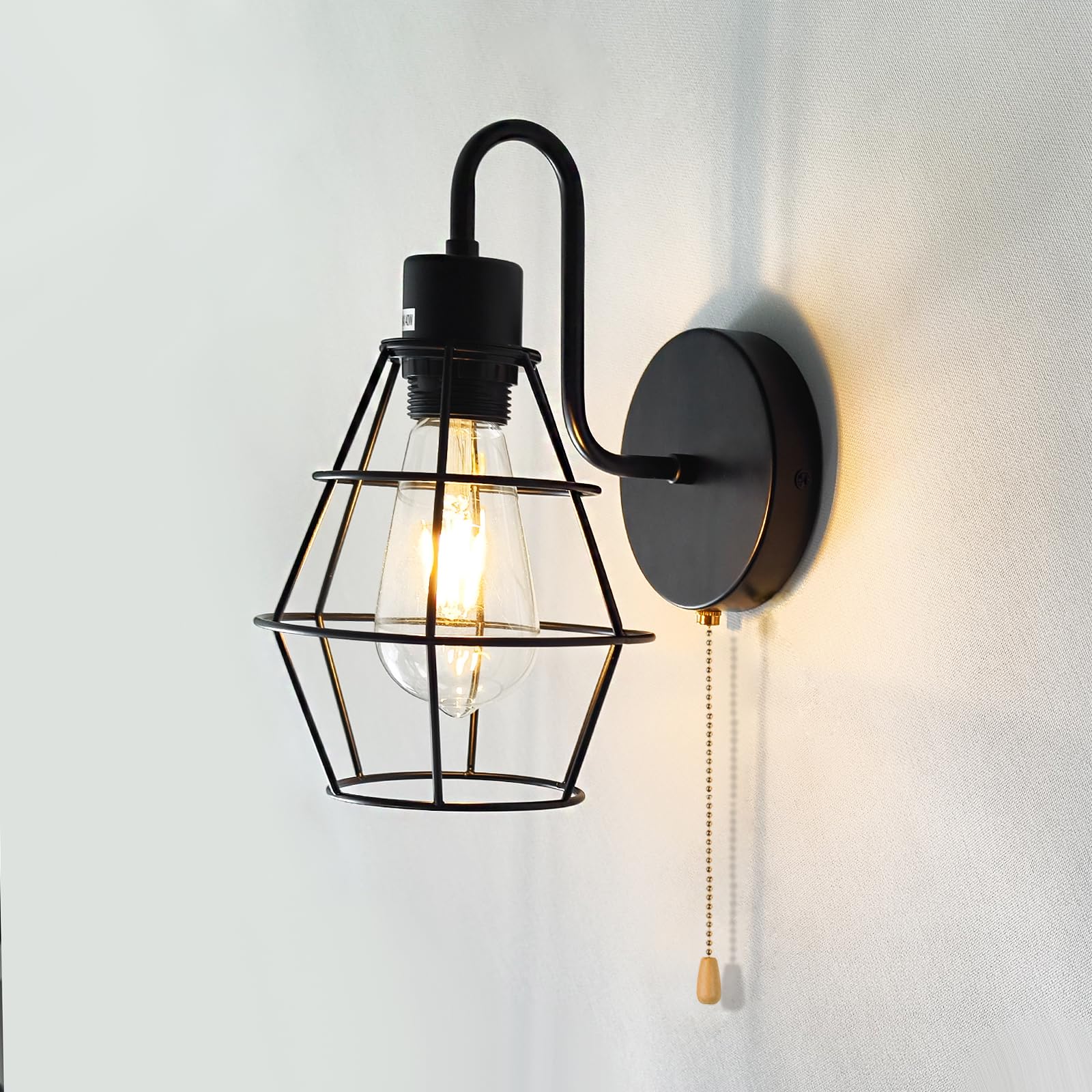 DTIEDY Pull Chain Wall Sconce, Wire Cage Wall Light Fixtures with On ...