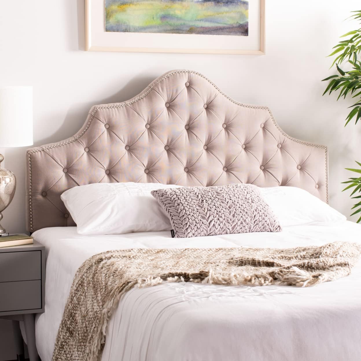 Amazon.com - Safavieh Arebelle Taupe Linen Upholstered Tufted Headboard ...