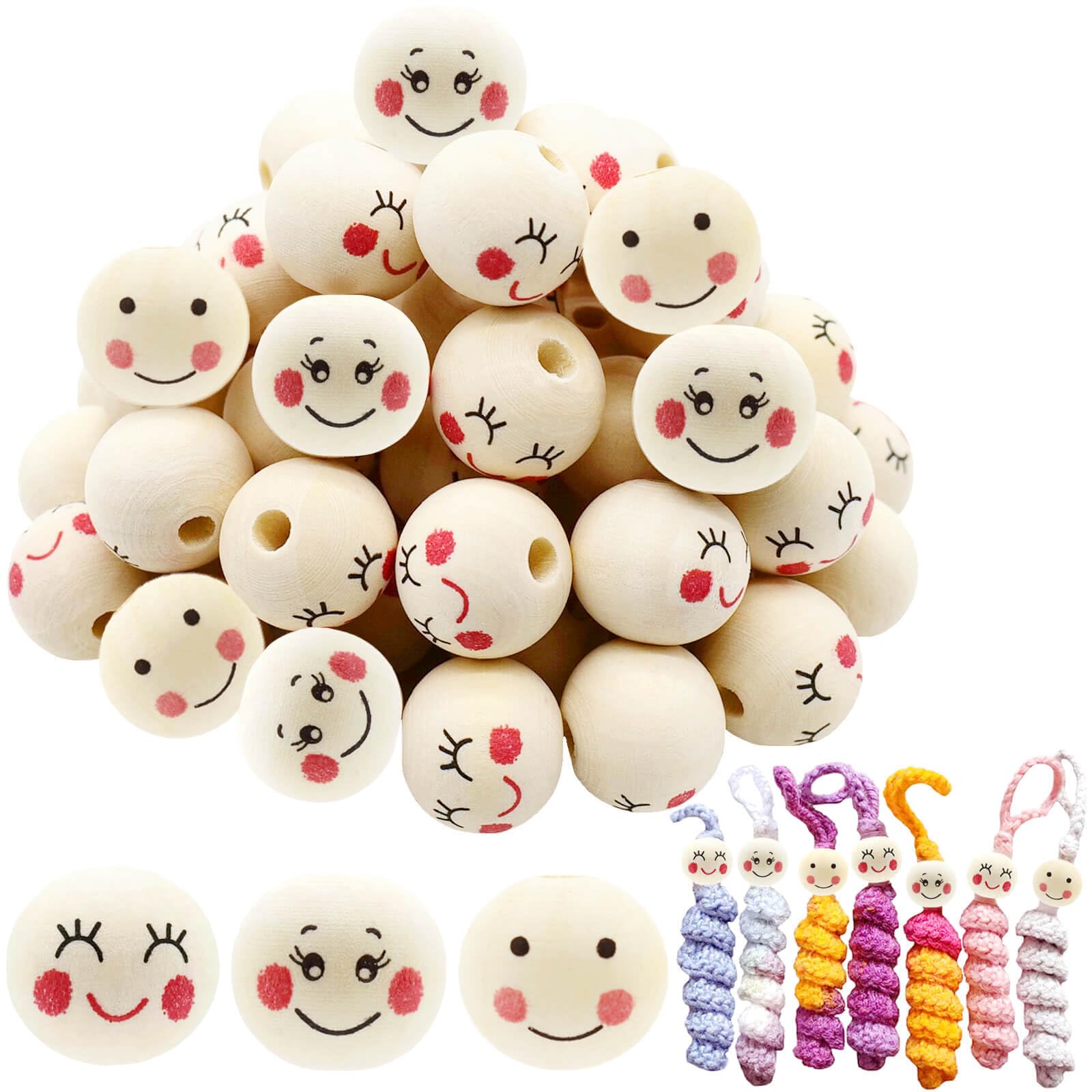 Wooden Beads with Face Pack of 60, Wooden Heads with Face 20 mm, Wooden ...