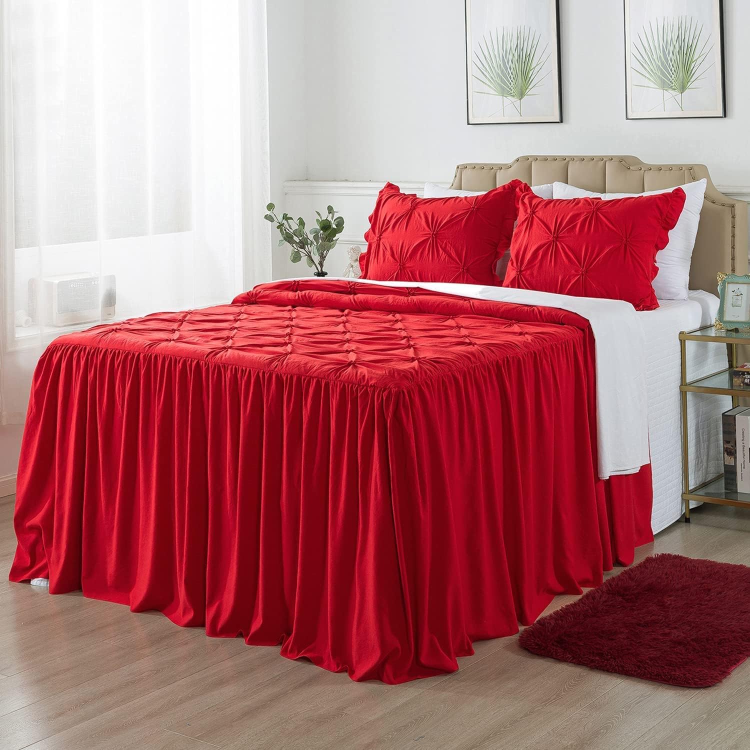 Amazon.com: Cotton Land 3 Pieces Pinch Pleated Ruffle Skirt Bedspread ...