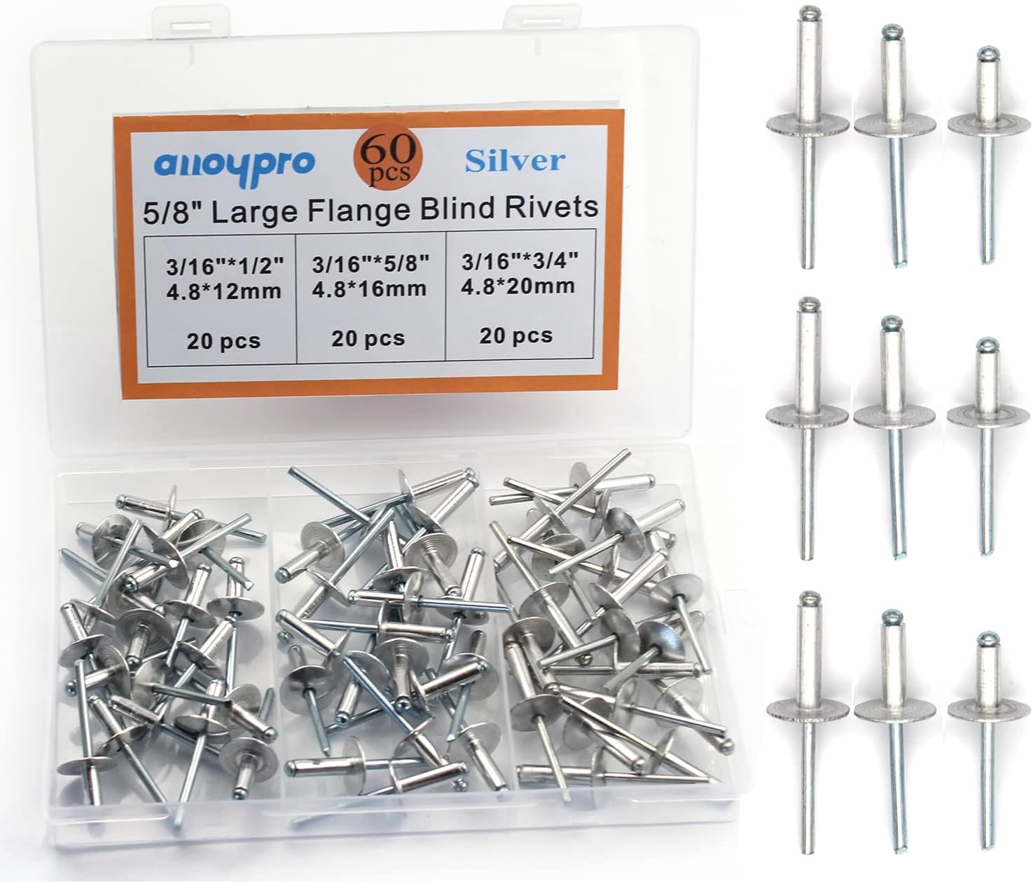 Amazon.com: ALLOYPRO 60 Pcs Large Flange Blind Rivets, Aluminum,Flange ...