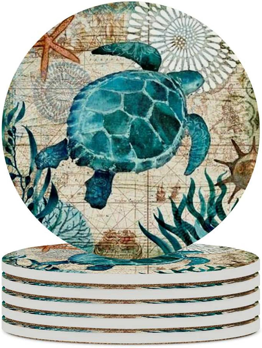 Amazon.com: VAATOO Pack 6 Coasters Sea Turtle Absorbent Ceramic ...