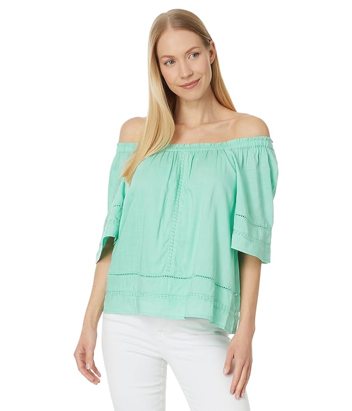 Women's Liverpool Los Angeles Cropped Bell Sleeve Woven Top with Lace ...