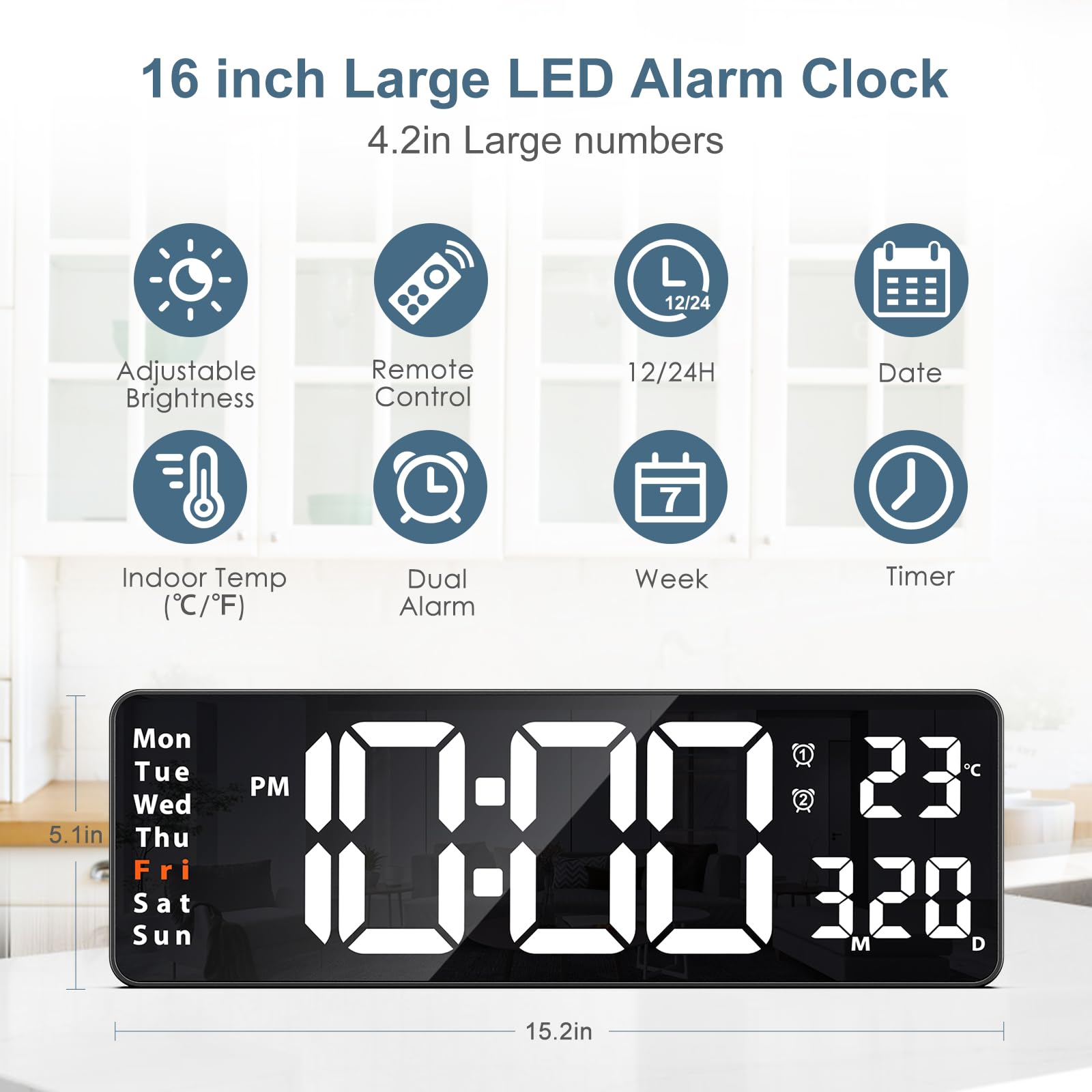 Ankilo 16” Digital Wall Clock with Remote Control, Large Display Alarm ...