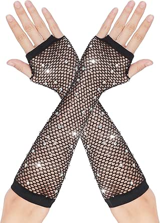 DIVINA VITAE Black Fishnet Rhinestone Gloves Long Fishnet Fingerless ...