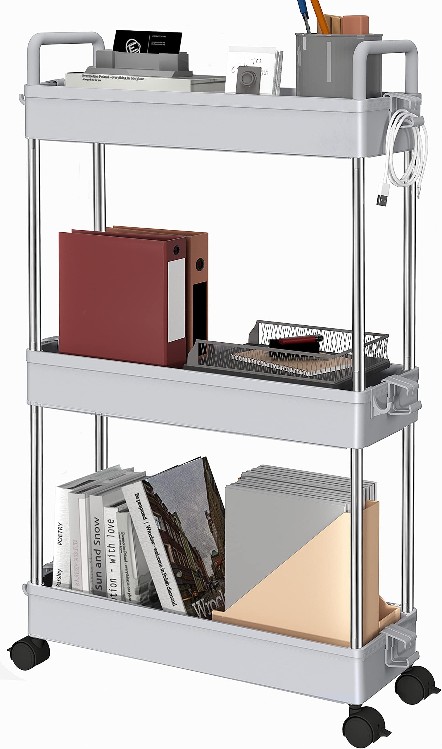 Keraiz® Slide out Storage Tower Trolley 3 Tier standing with wheels ...