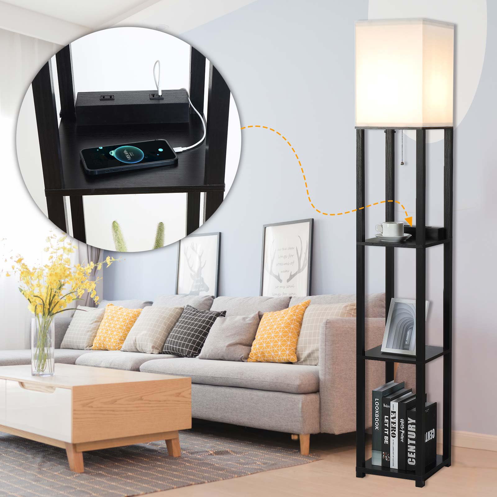MITELSON Floor Lamp with Shelves and USB, USB-C & Power Outlets, Tall ...