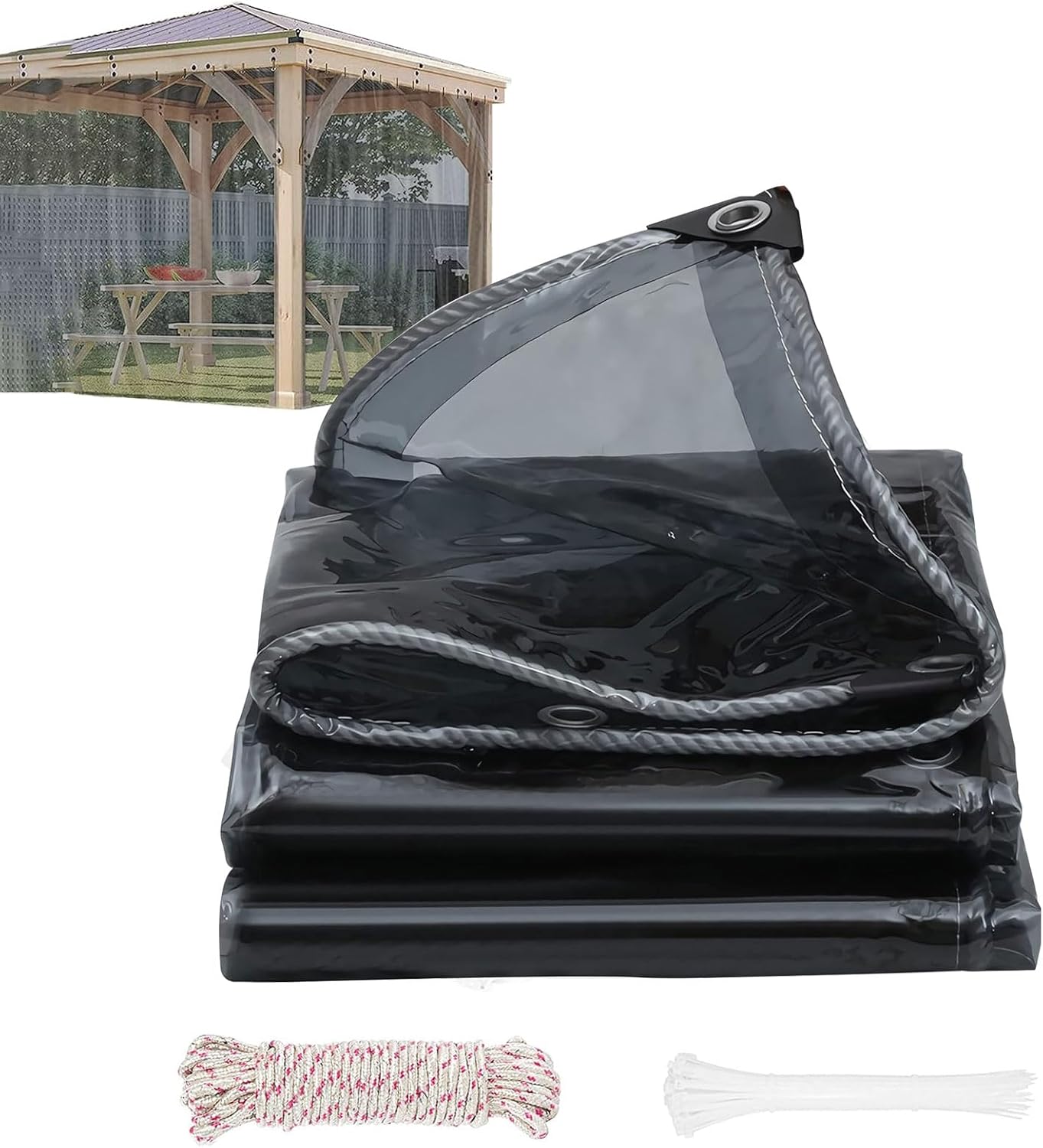 Amazon | Pxkmouy 1.2mx1.5m 黒透明ビニールカーテン 防水シート, 園芸用品 タープ 内蔵メッシュ繊維強化ロープた ...