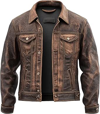 The Next Mens Vintage Leather Trucker Jacket Flaps Slanted Pockets ...