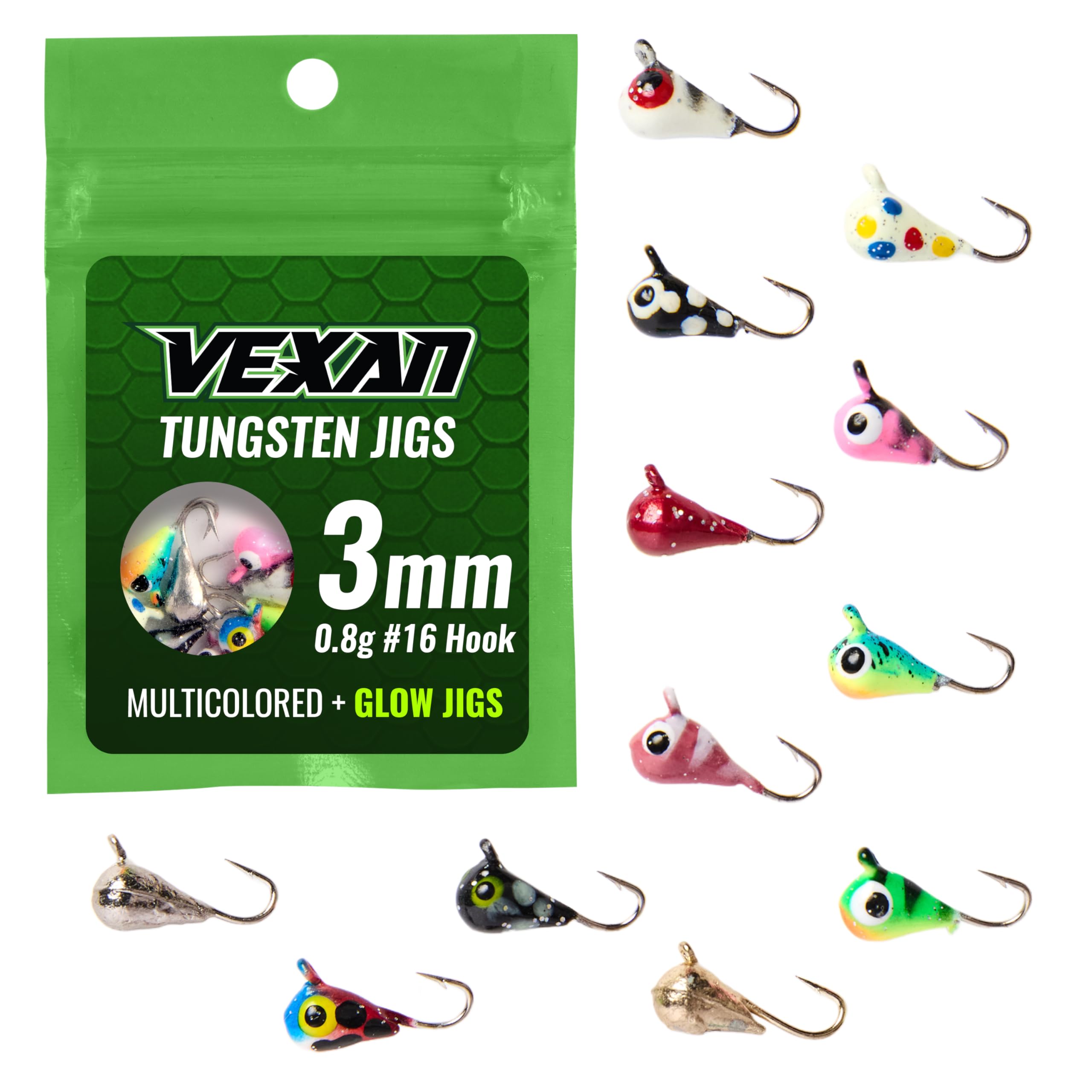 Amazon.com : Vexan Ice Fishing Glow & Multi-Color Tungsten Jigs 12 PK ...