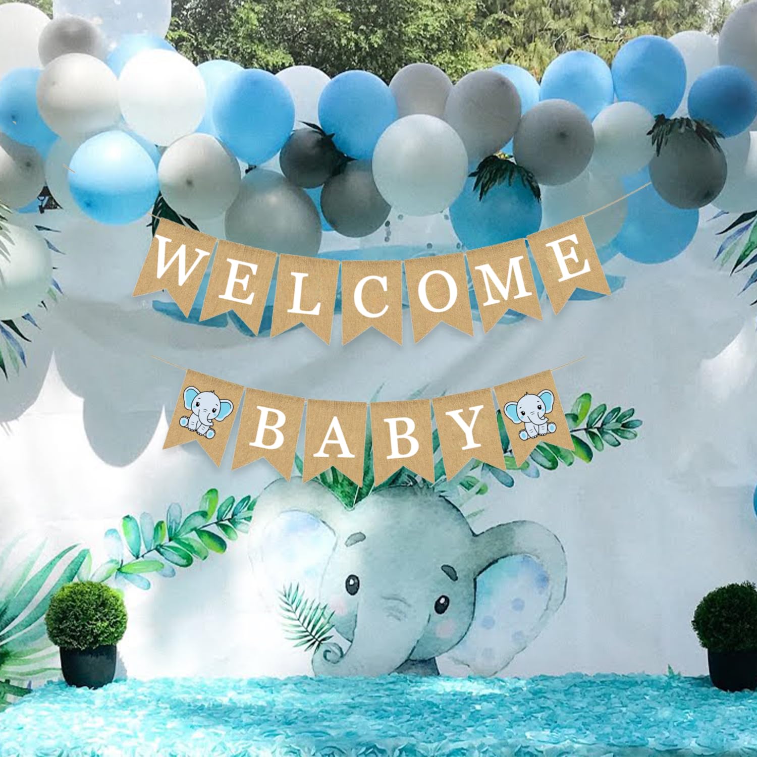 Baby Shower Con Elefante Azul Y Verde Juego De 8 Globos Elefante Azul