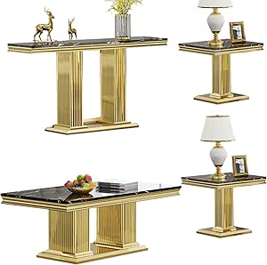 Amazon.com: 4 Pieces Marble Coffee Table Set, Faux Marble Living Room ...