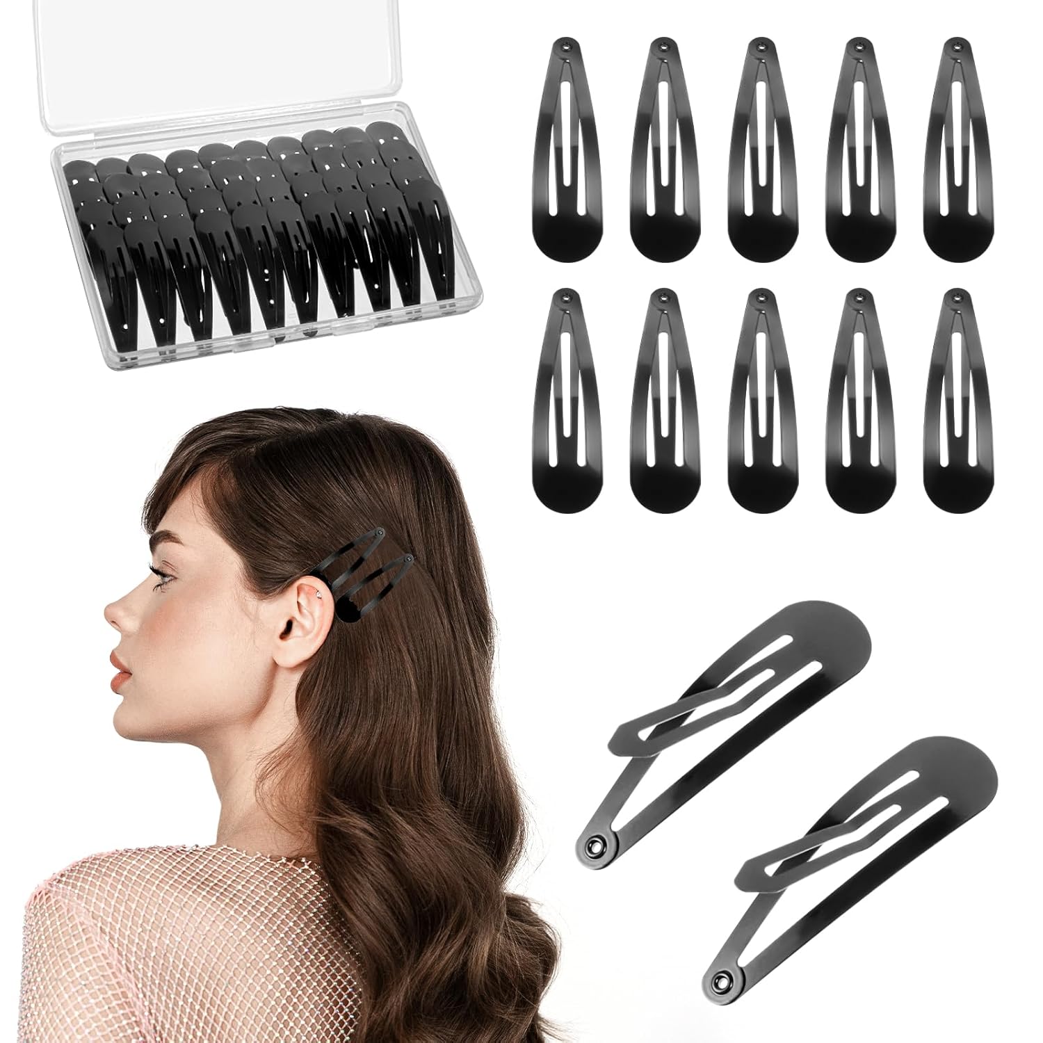 Amazon.com : 42 Pcs Black Metal Snap Hair Clips, 2 Inch Hair Barrettes ...