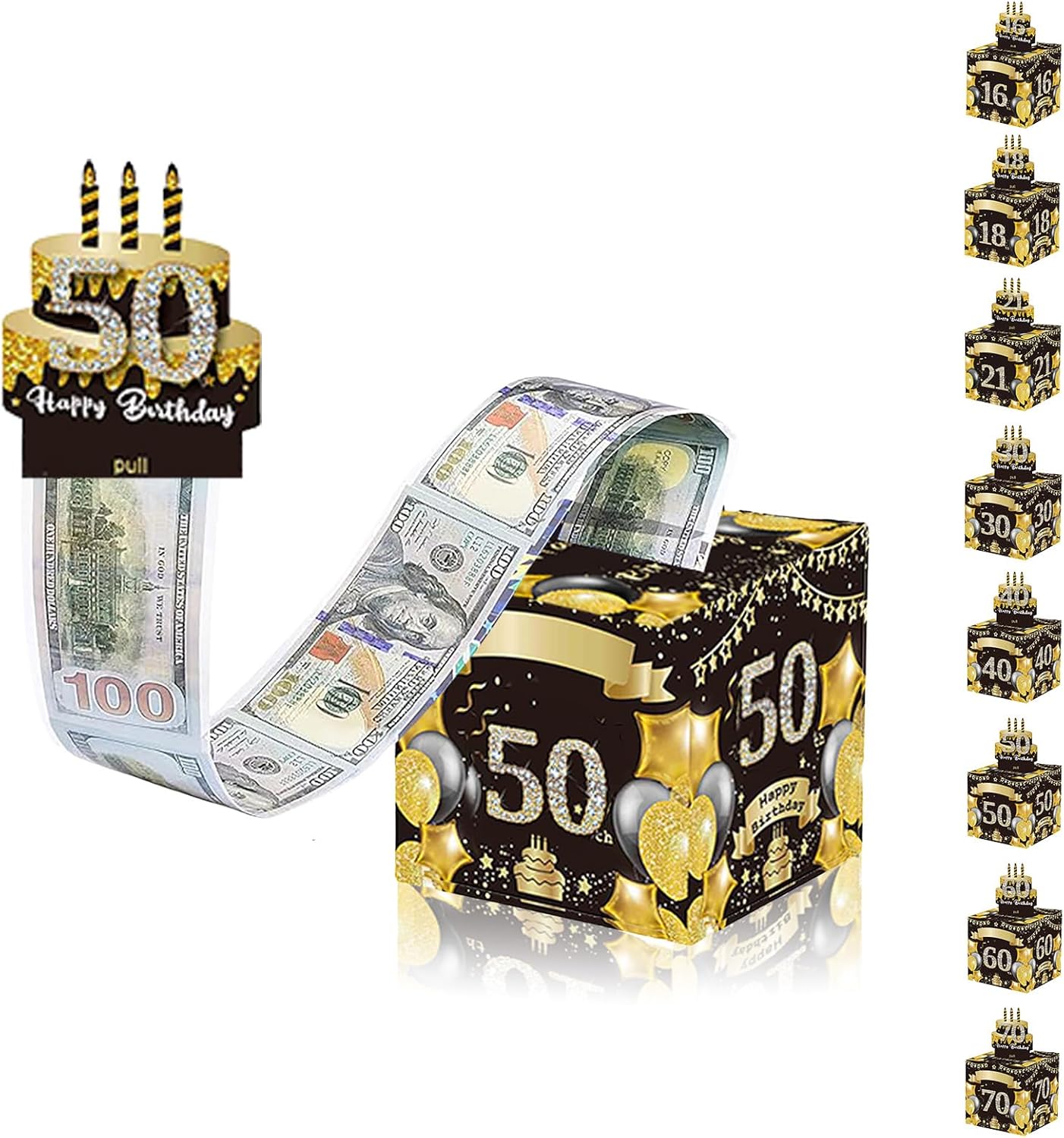 Black Gold Happy 50th Birthday Money Box for Cash Gift, Pull Surprise ...