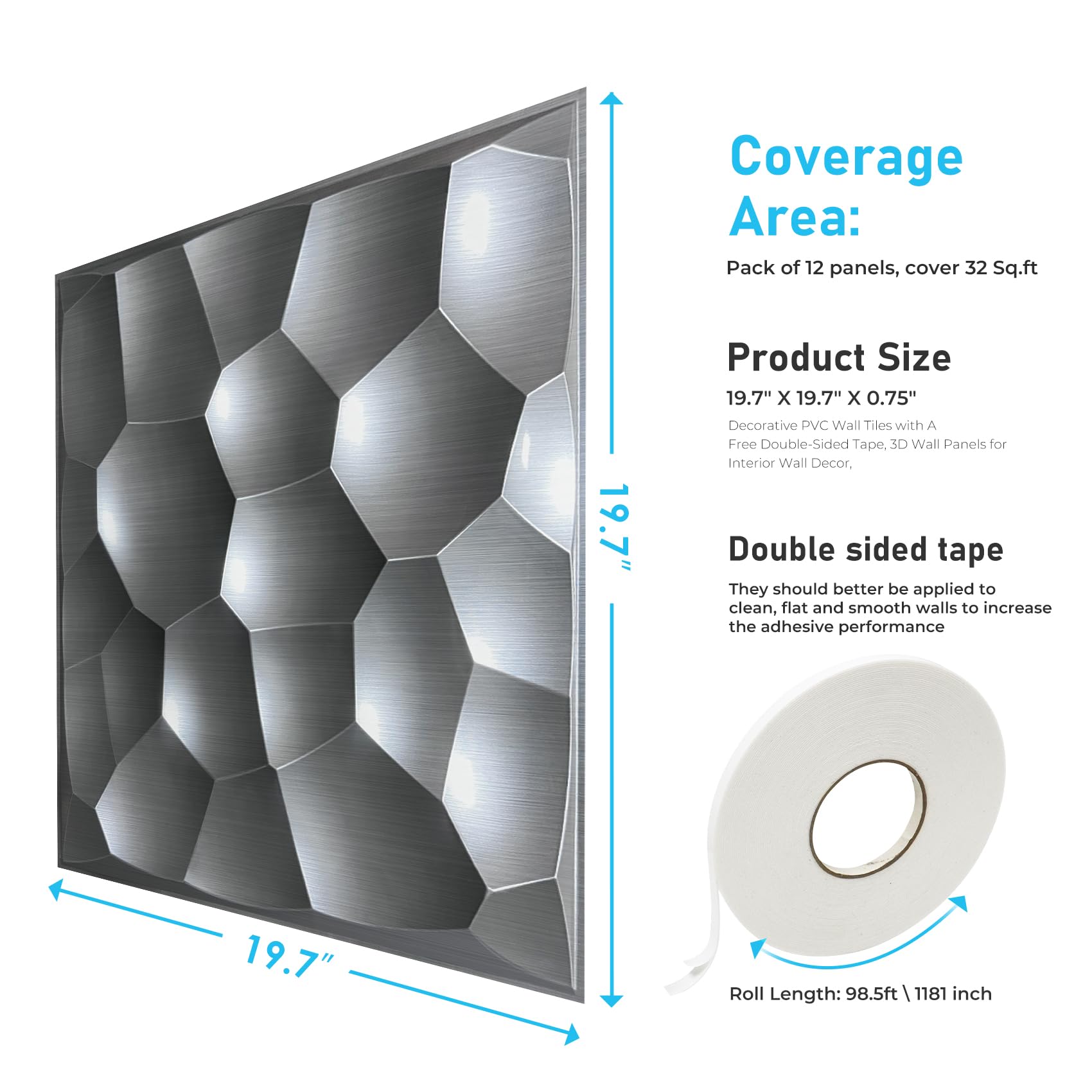 STICKGOO 3D Wall Panels Peel and Stick, Brushed Silver Decorative Wall ...