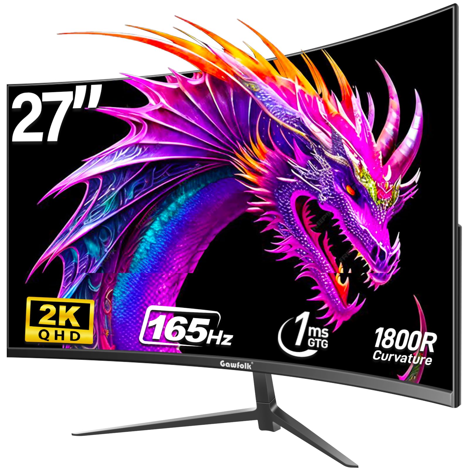 Gawfolk 27 Inch Curved Gaming Monitor QHD 165Hz, PC Screen Curved ...