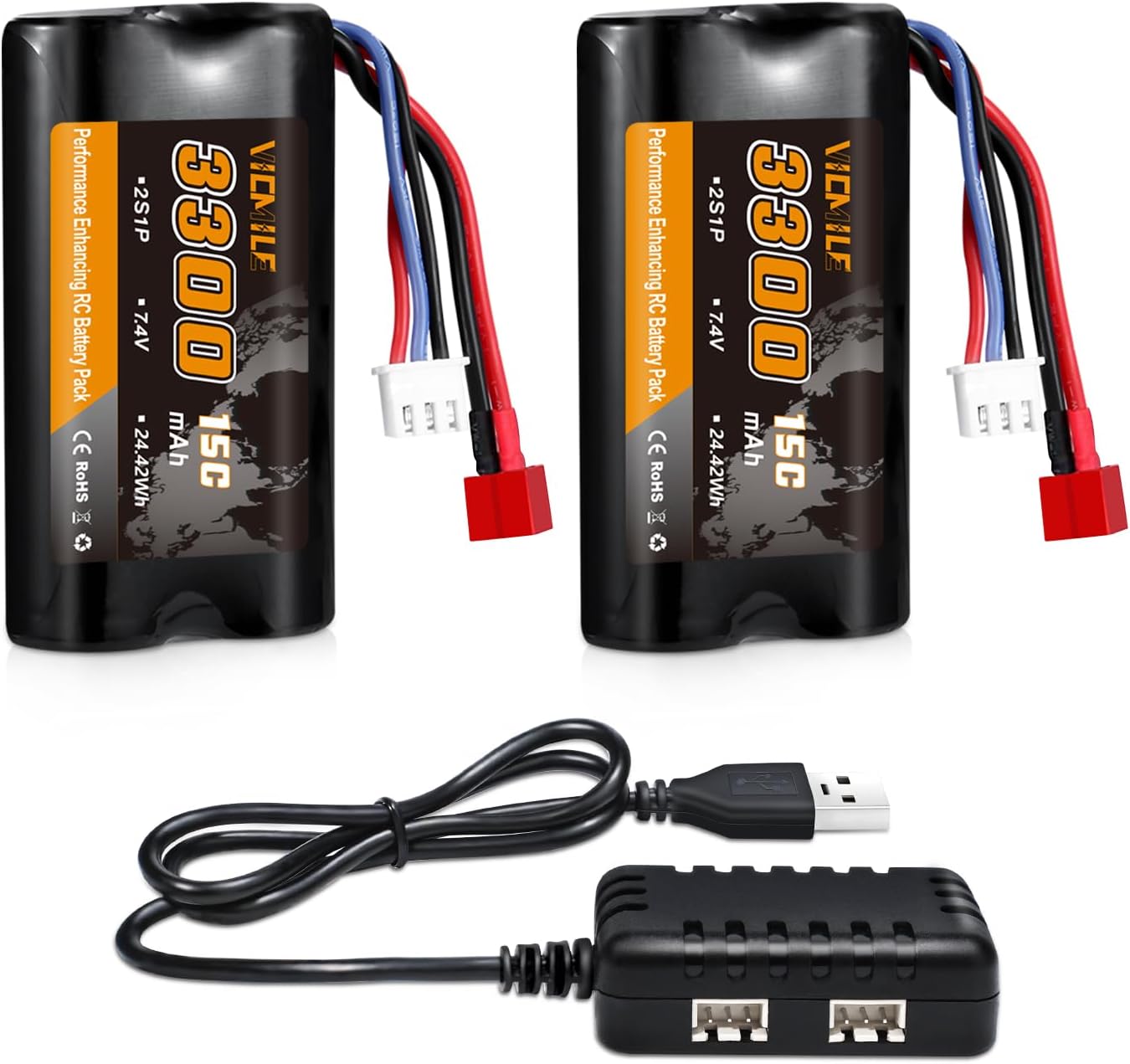 Amazon.com: VICMILE 7.4V Li-ion Battery 3300mAh High Capacity RC ...