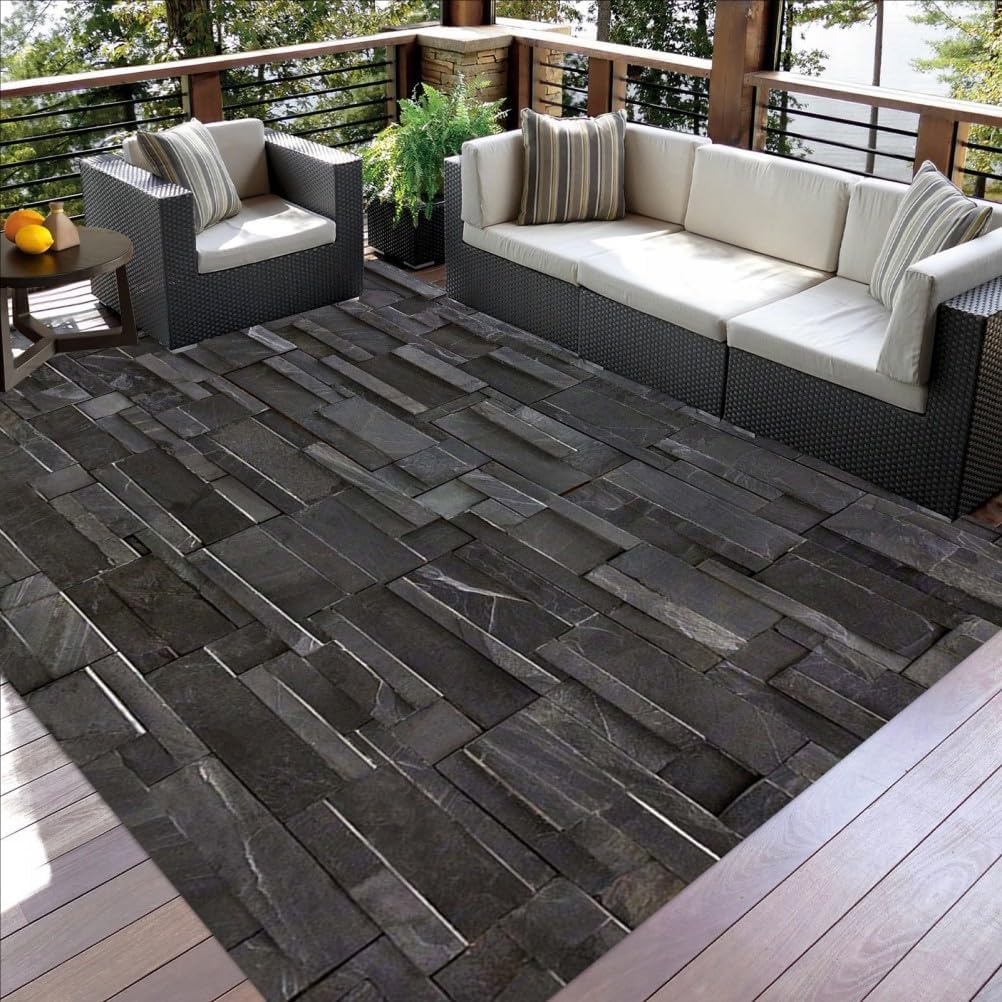 Amazon.com: Black Grey Faux Stones Tile Pattern Outdoor Rugs for Patios ...