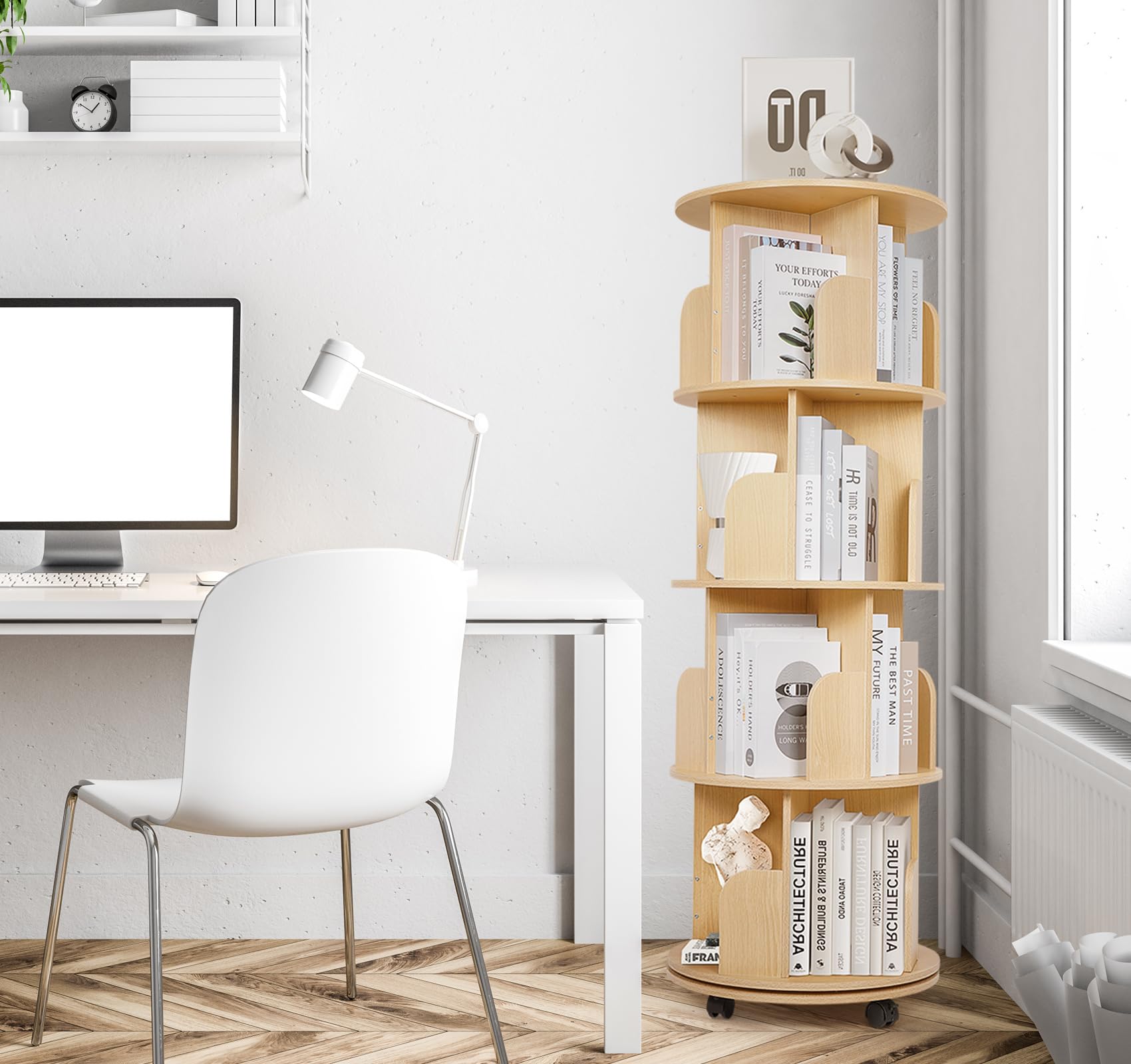 Nisorpa 4-Tier Rotating Bookshelf, 360° Rotating Bookcase with Castors ...