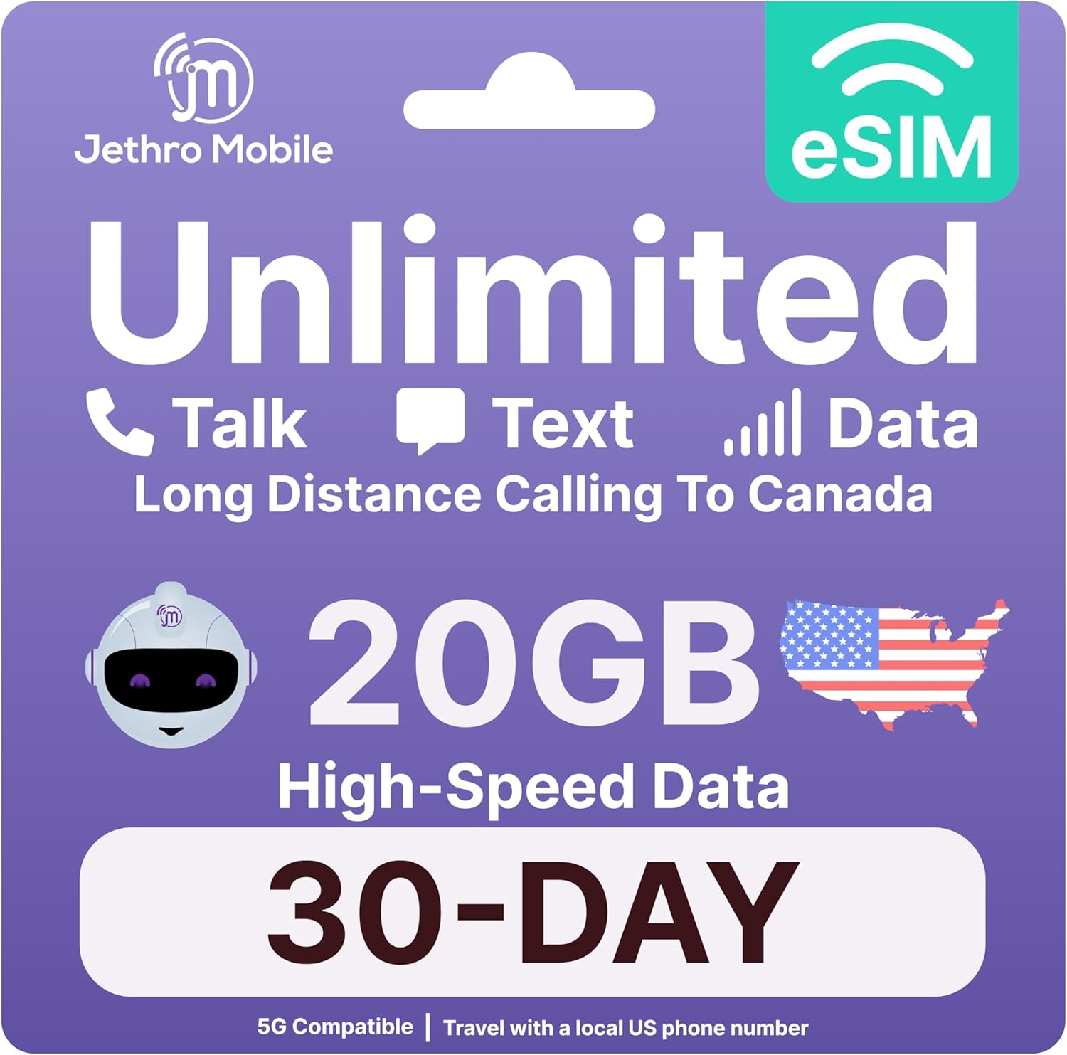 Jethro Mobile - eSIM USA, 20GB High-Speed Data, Unlimited Talk, Text, & Data, Mobile Hotspot, 30 ...