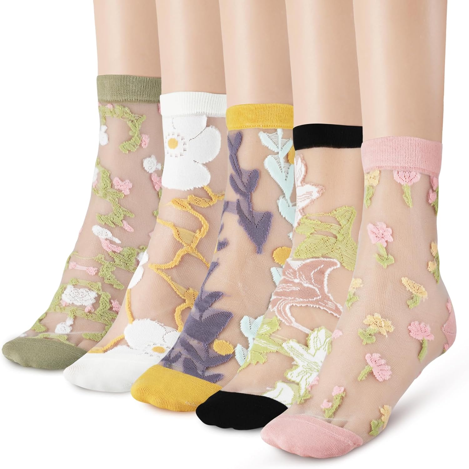 letcdfer 5 Pairs Women Sheer Socks Vintage Flower Mesh Socks Breathable ...