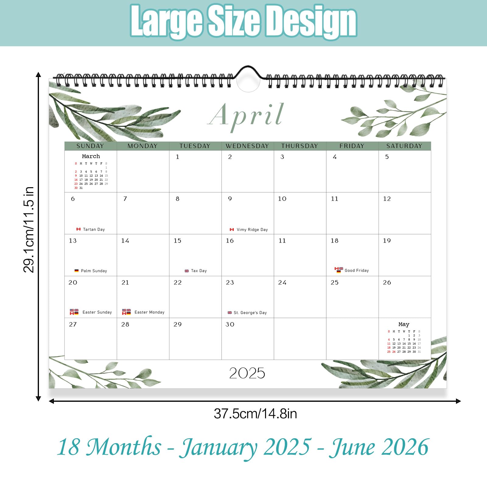 Wall Calendar 2025/26 UK, Large 2025 Calendar Month to View, 18 Month ...