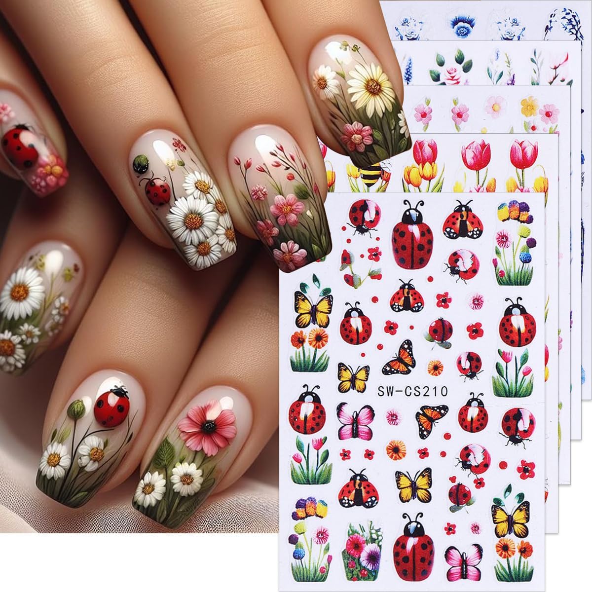 Amazon.com: Spring Nail Art Stickers Decals Ladybug Butterfly Nail ...