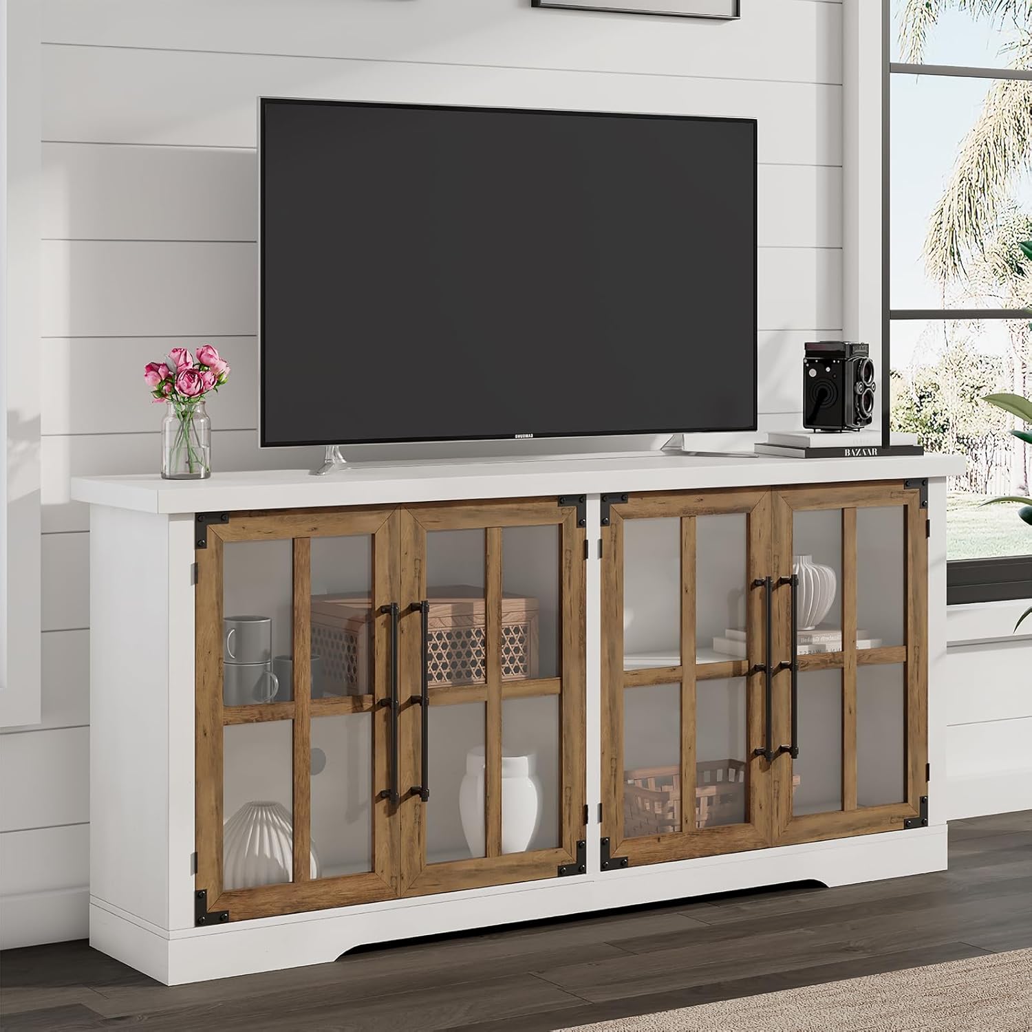 Amazon.com: LUXOAK 63" Farmhouse TV Stand with 4 Glass Doors, Modern ...