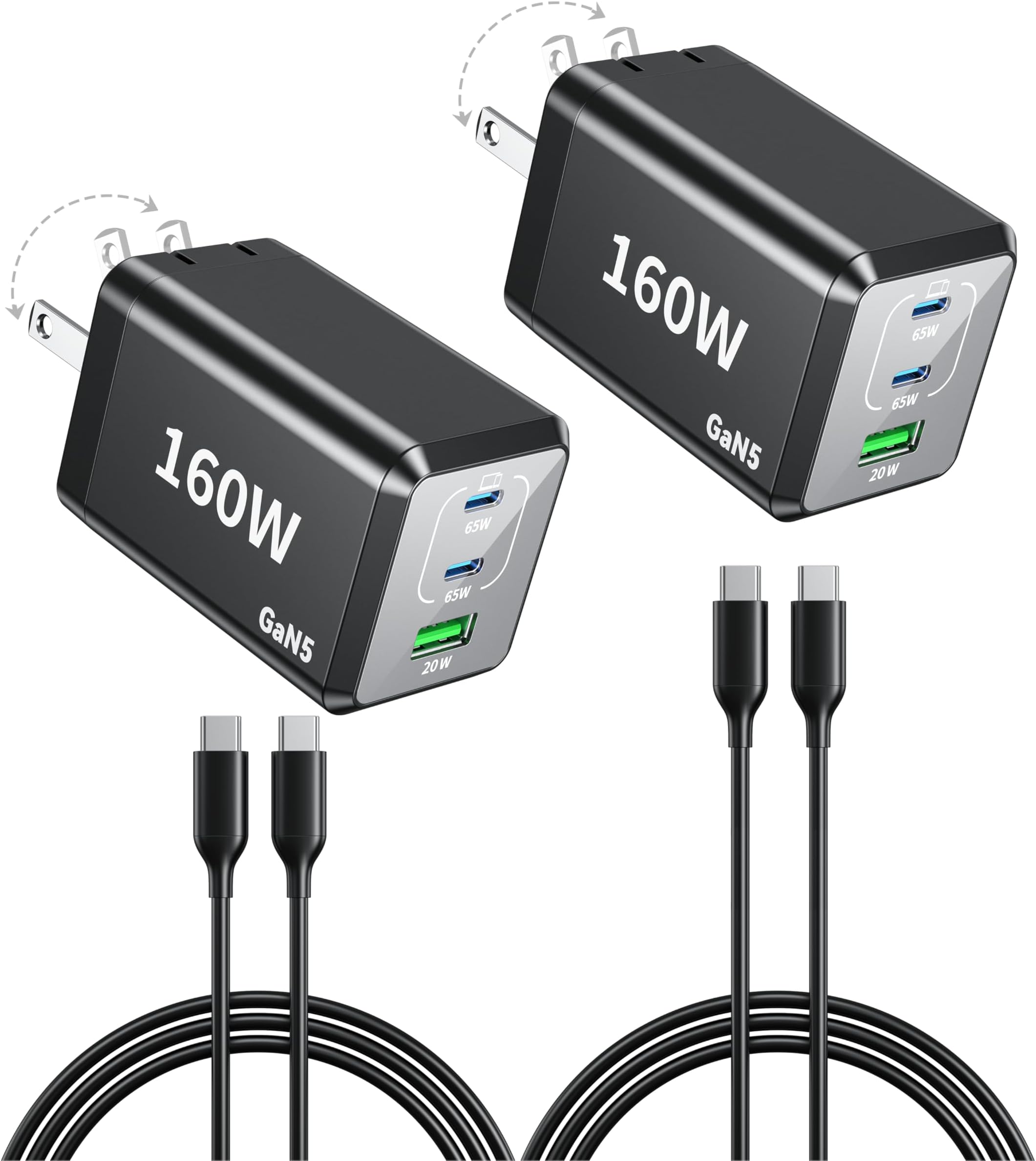 Amazon.com: 2 Pack USB C Fast Charger 160W Compact Foldable 3 Port ...