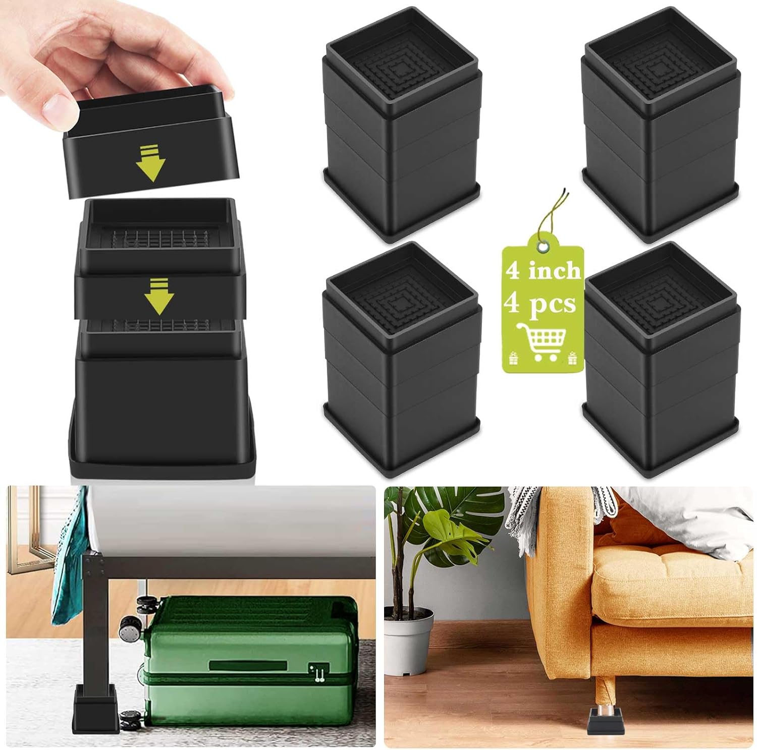 Amazon.com: 4 Pack Furniture Risers 4 Inch, Adjustable Bed Risers Heavy ...