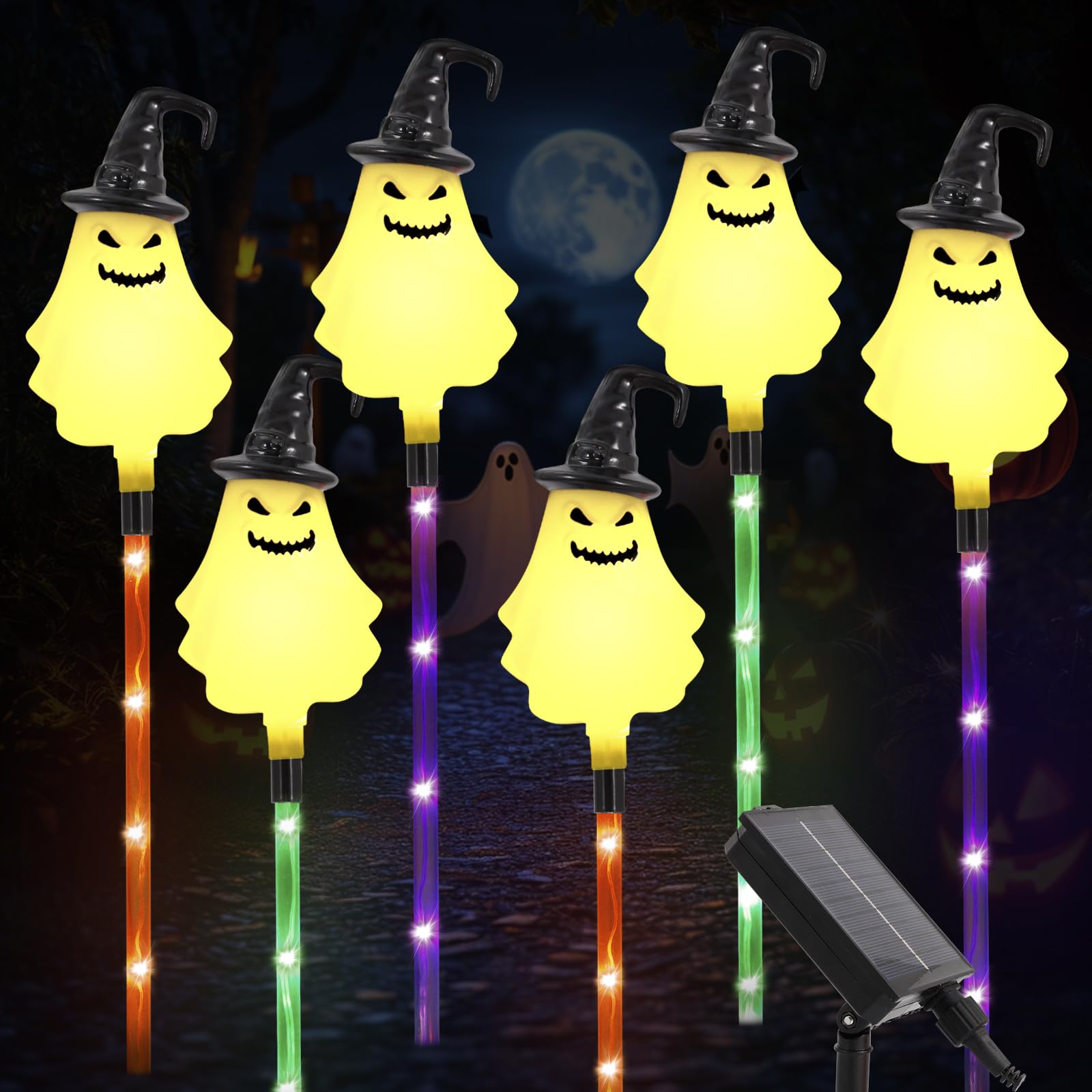 Set of 6 Solar Halloween Pathway Lights Ghost with Hood in Three Colors ...