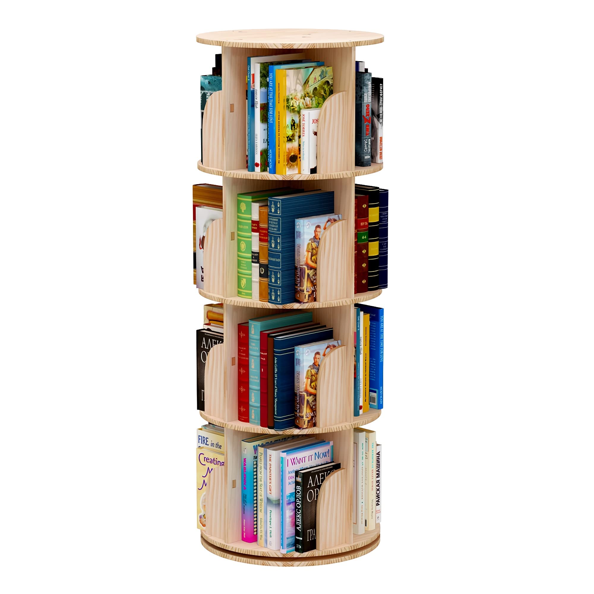 4 Tier Rotating Bookshelf, 360° Solid Wood Rotating Stackable Shelves ...