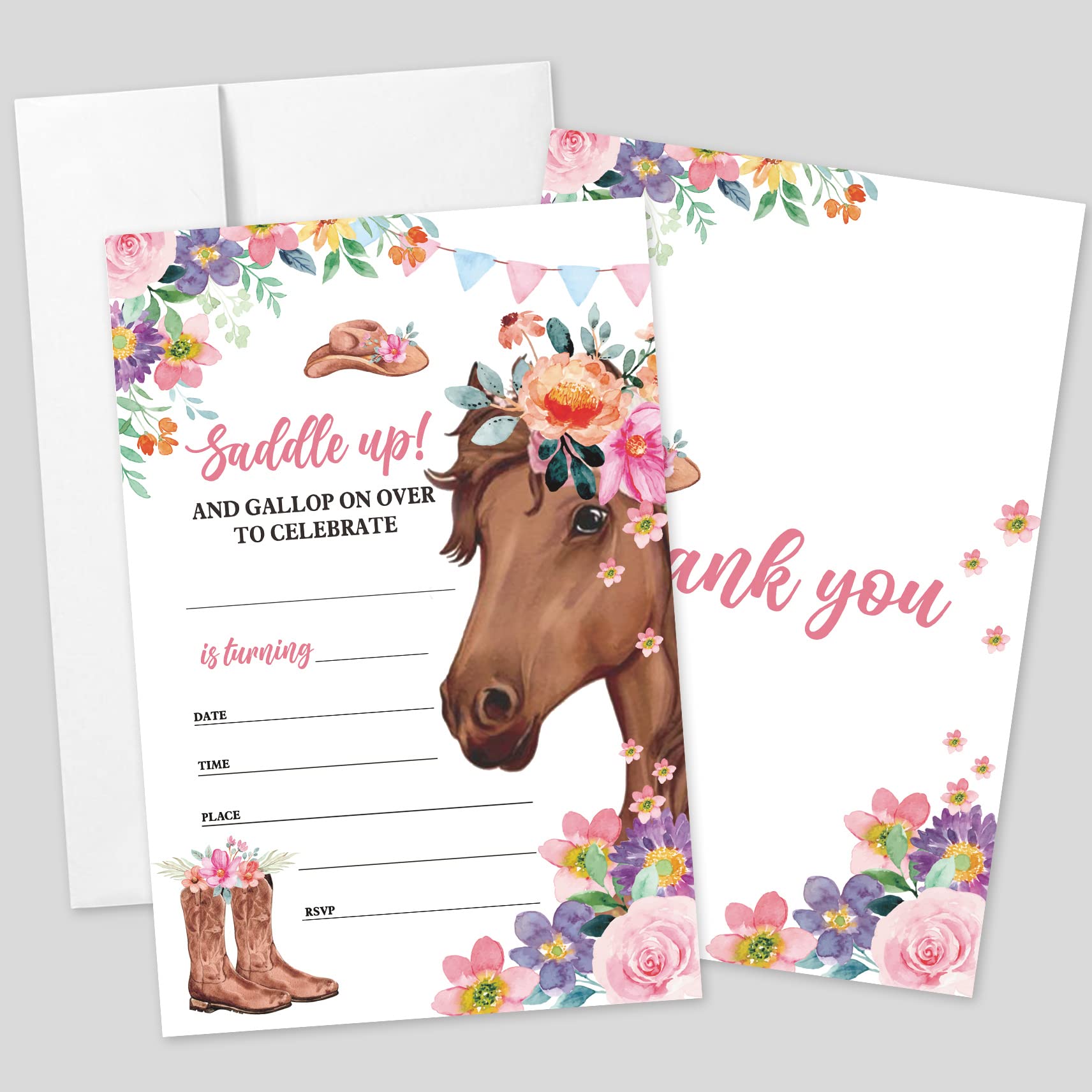 Amazon.com : AEHIE 20 Sets Floral Horse Pony Birthday Party Invitations ...