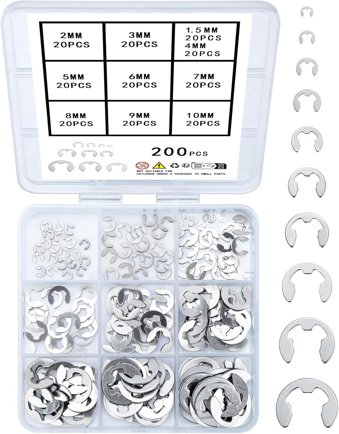 wugongshan 200 Pcs E-Clip Circlip External Retaining Rings, Stainless ...