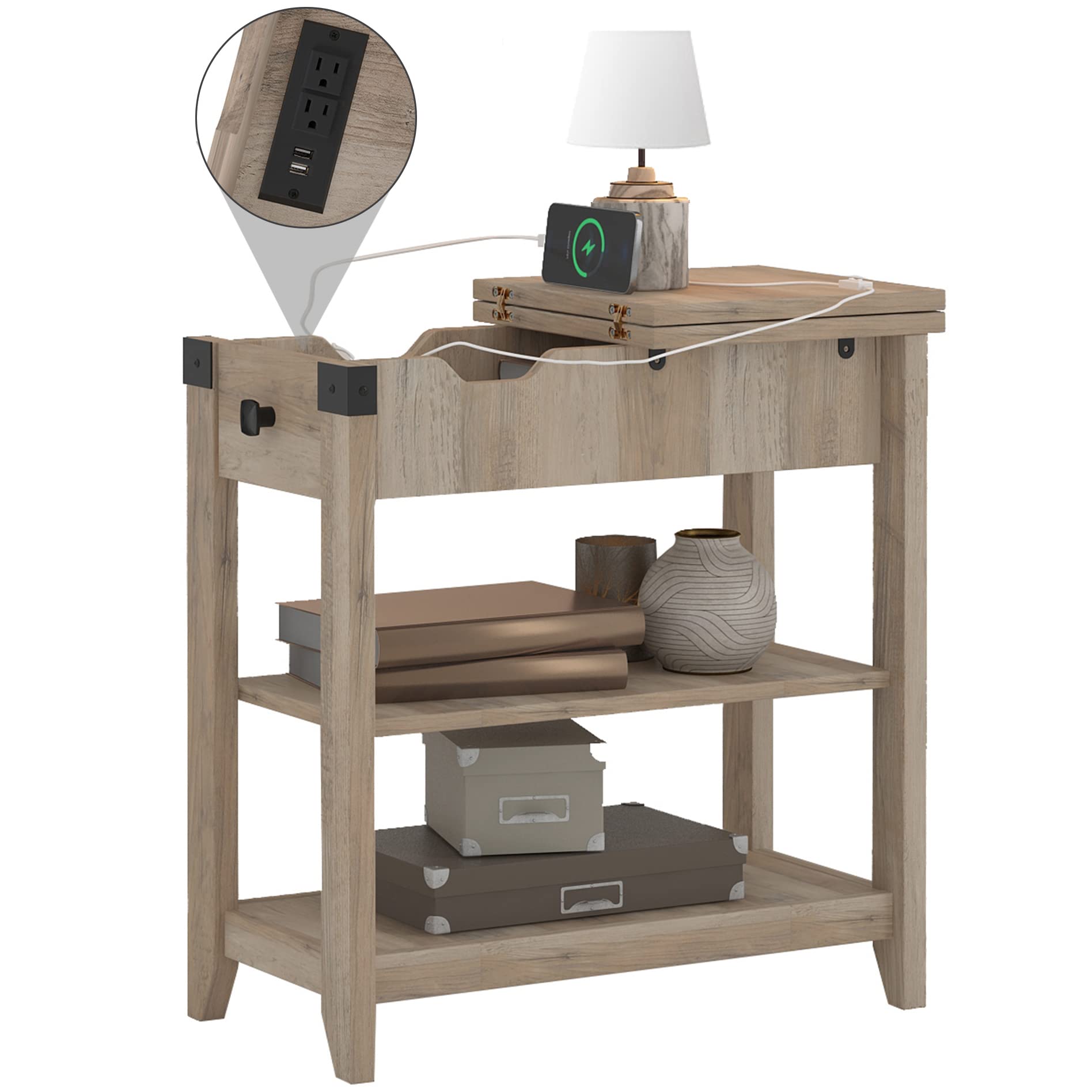 Narrow End Table with Charging Station, Flip Top Side Table with USB ...