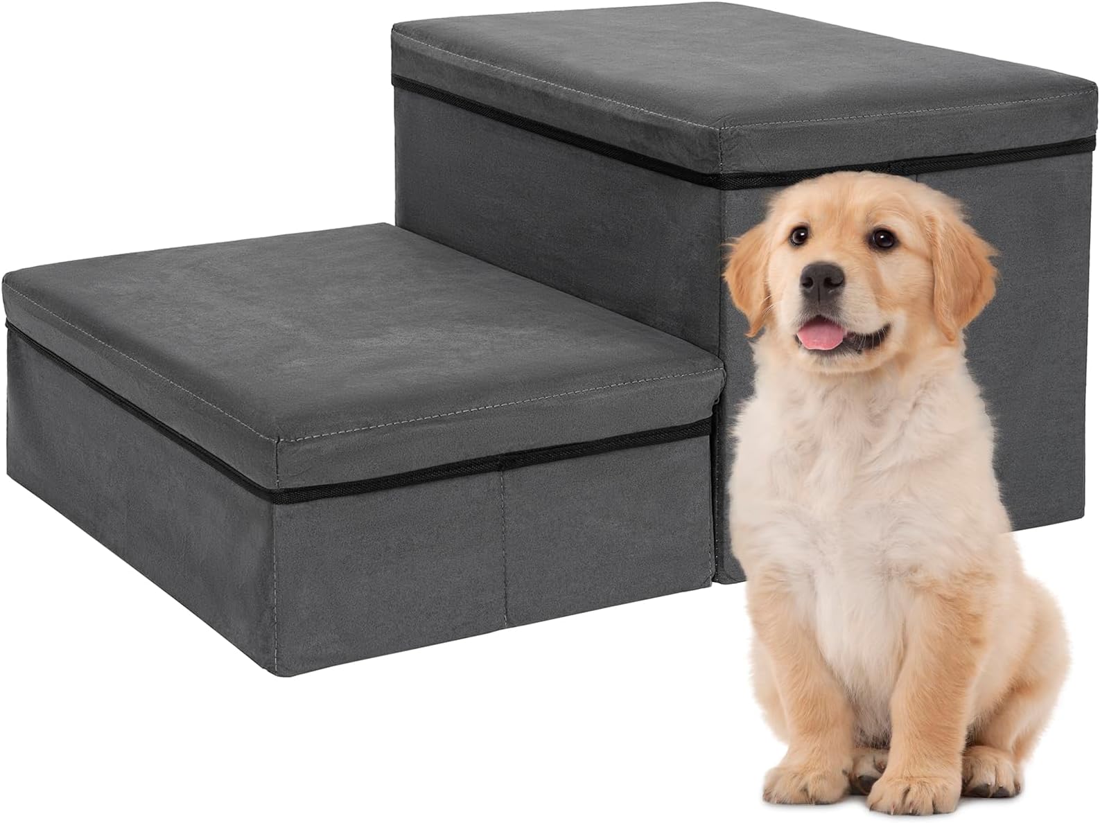Dog Stairs with Storage 2 Steps Foldable 2-in-1 Pet Stairs Extra Wide ...