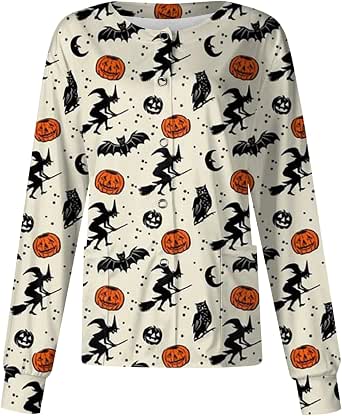 Amazon.com: Halloween Printed Scrubs Jacket for Women Long Sleeve Stand ...